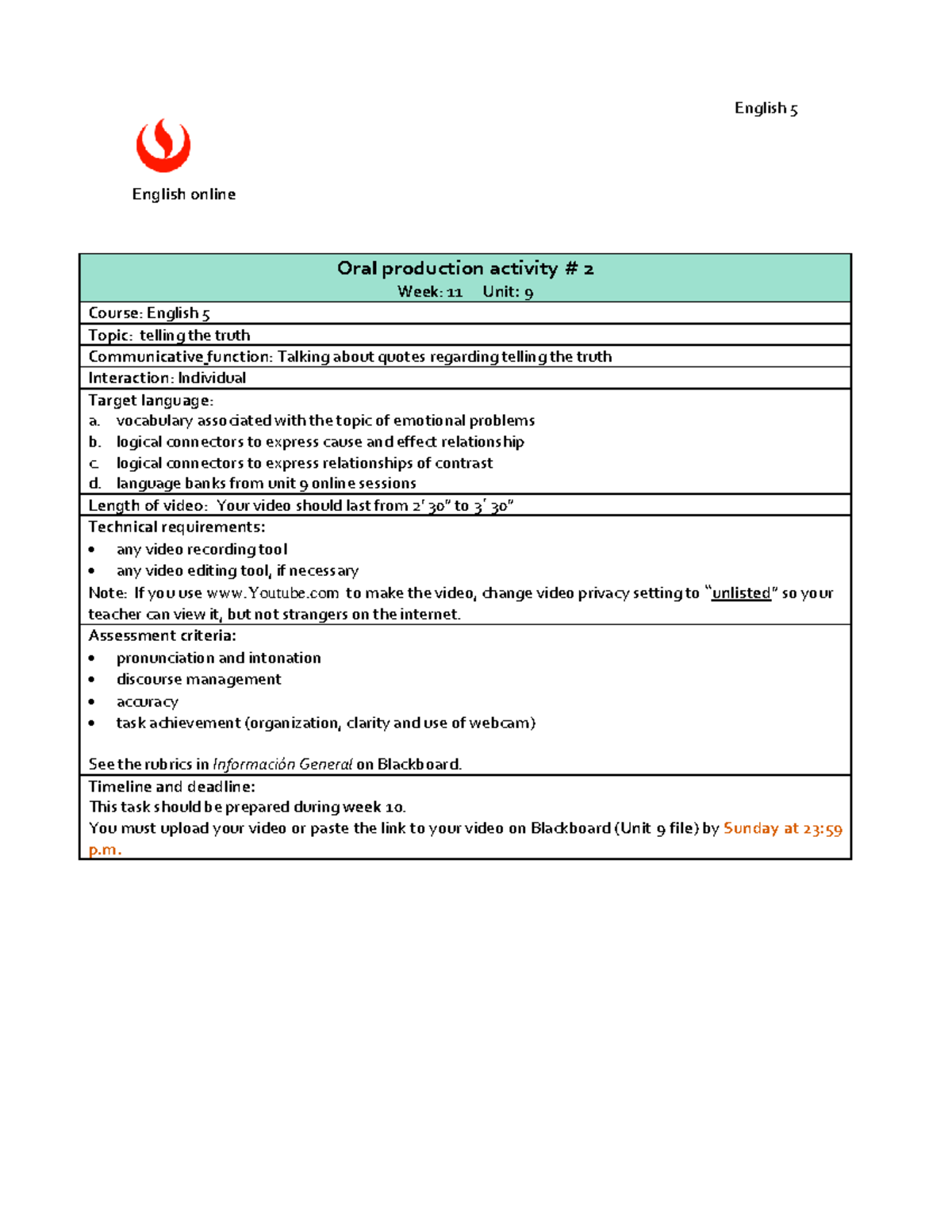 E5 OPA # 2 UNIT 9 Individual - English 5 English online Oral production ...