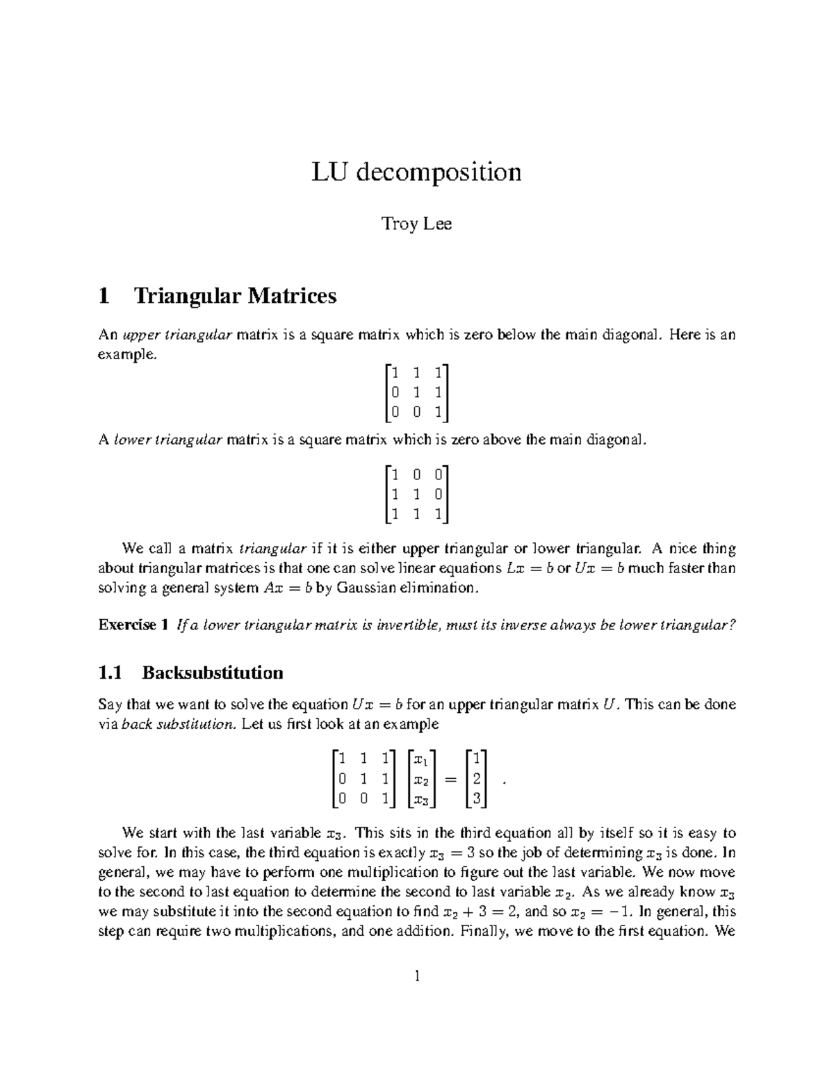 LUprimer - LU primer - LU decomposition Troy Lee 1 Triangular Matrices ...