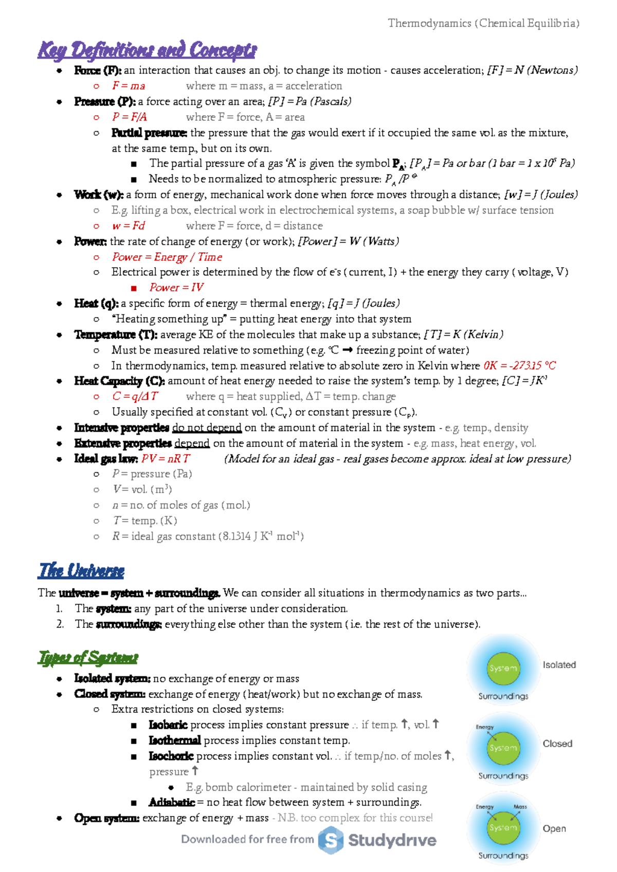 Thermodynamics (Chemical Equilibria) - Key Definitions and Concepts ...