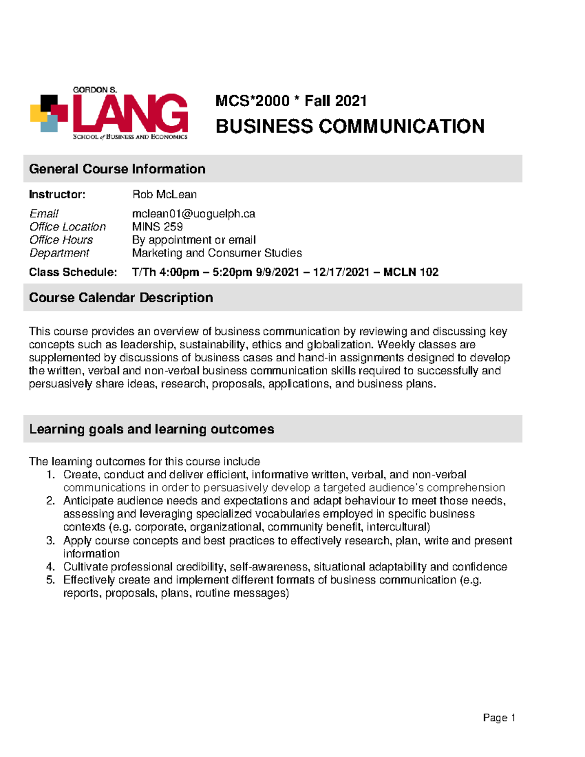 MCS2000 F21 Business Communication Course Outline Sep 7 2021 - MCS*2000 ...