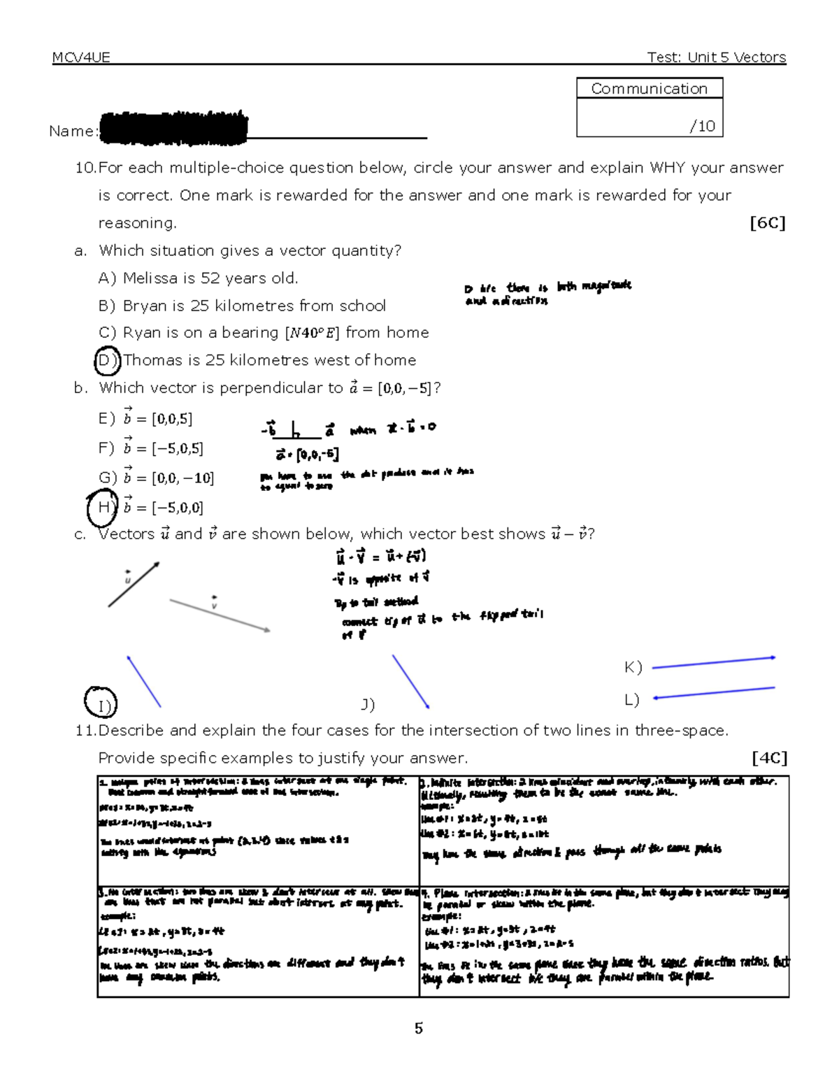 Unit Test 5 - Vectors - C - Calculus’s - MCV4UE _____ __ Test: Unit 5 ...