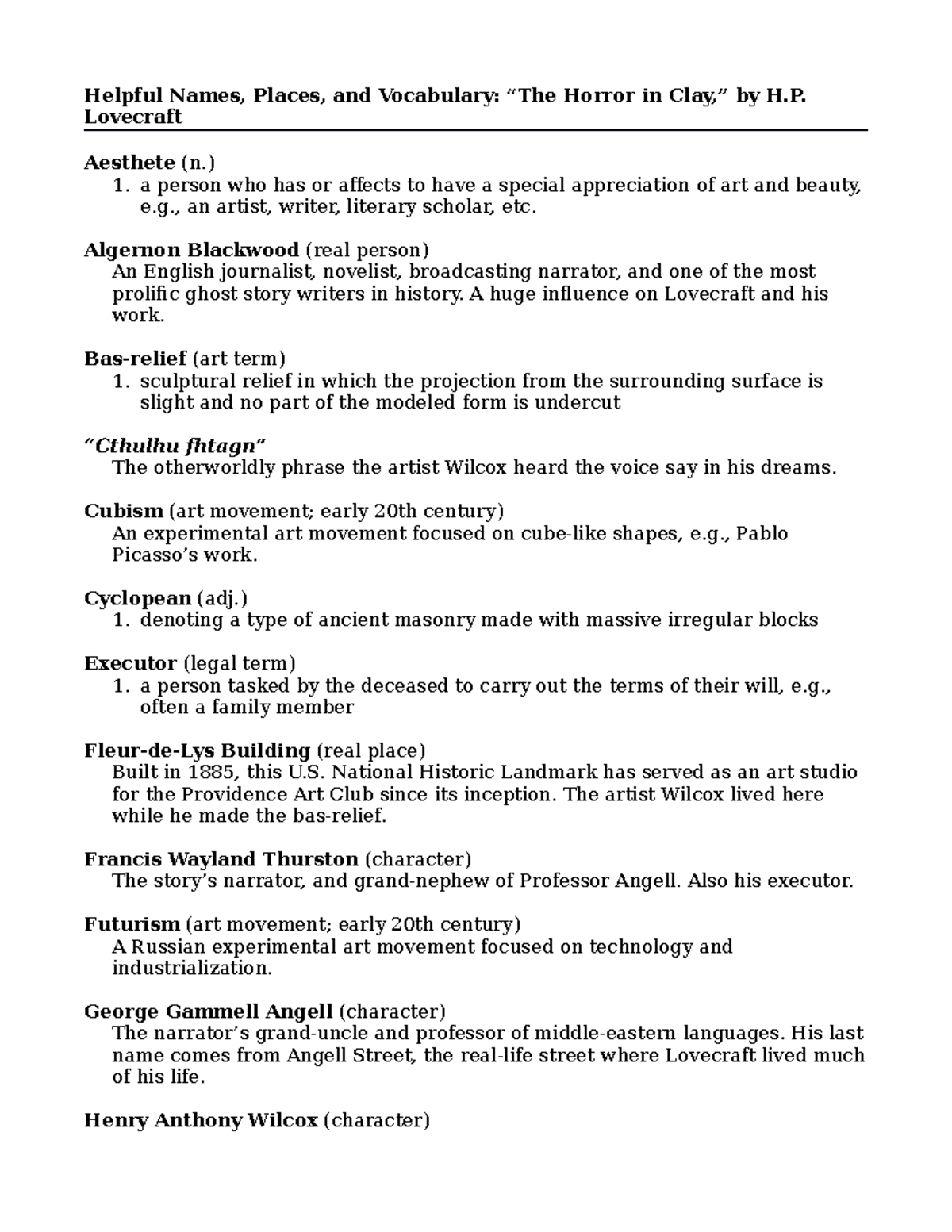 Vocab - Horror in Clay - Required course readings. - Helpful Names ...