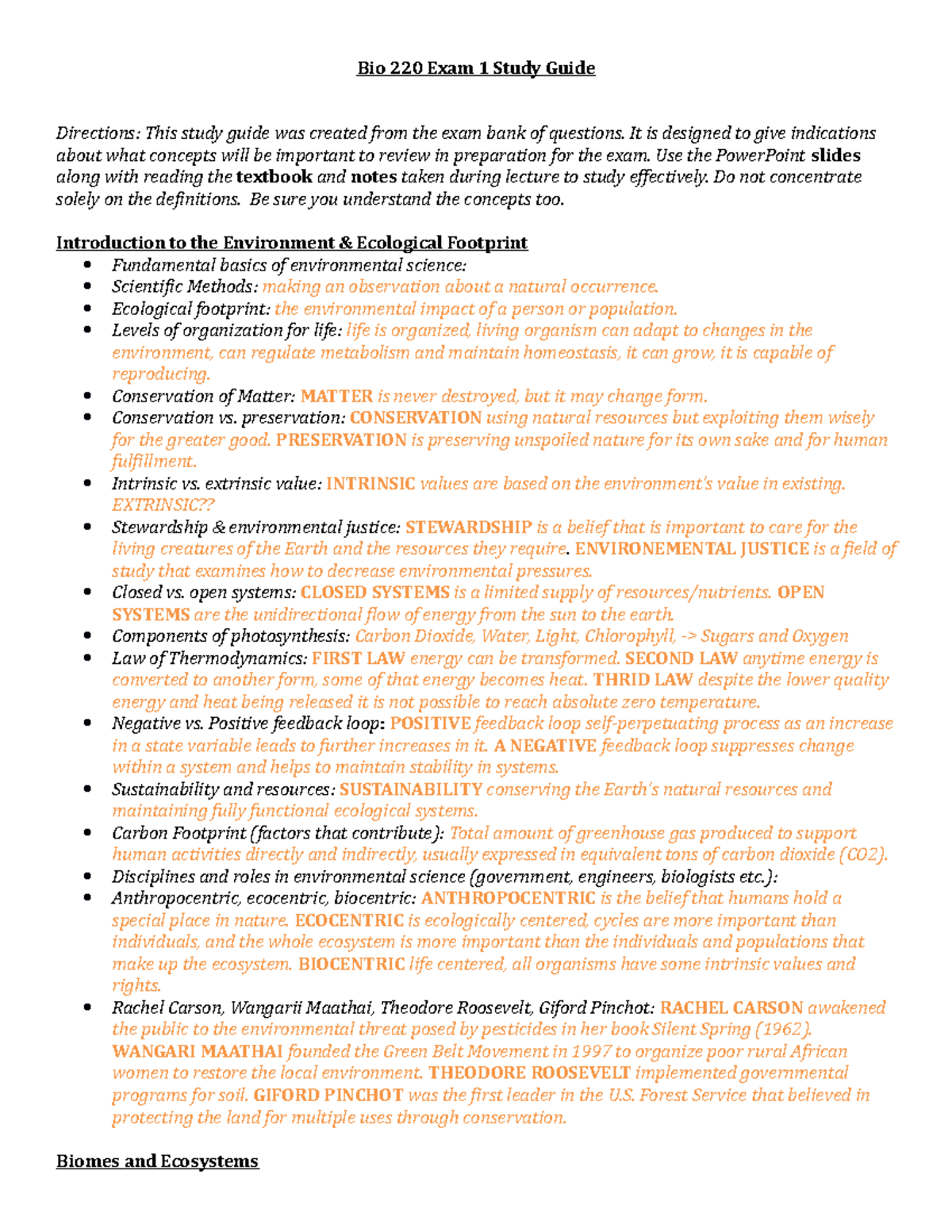 Bio 220 Exam 1 Study Guide - Bio 220 Exam 1 Study Guide Directions ...