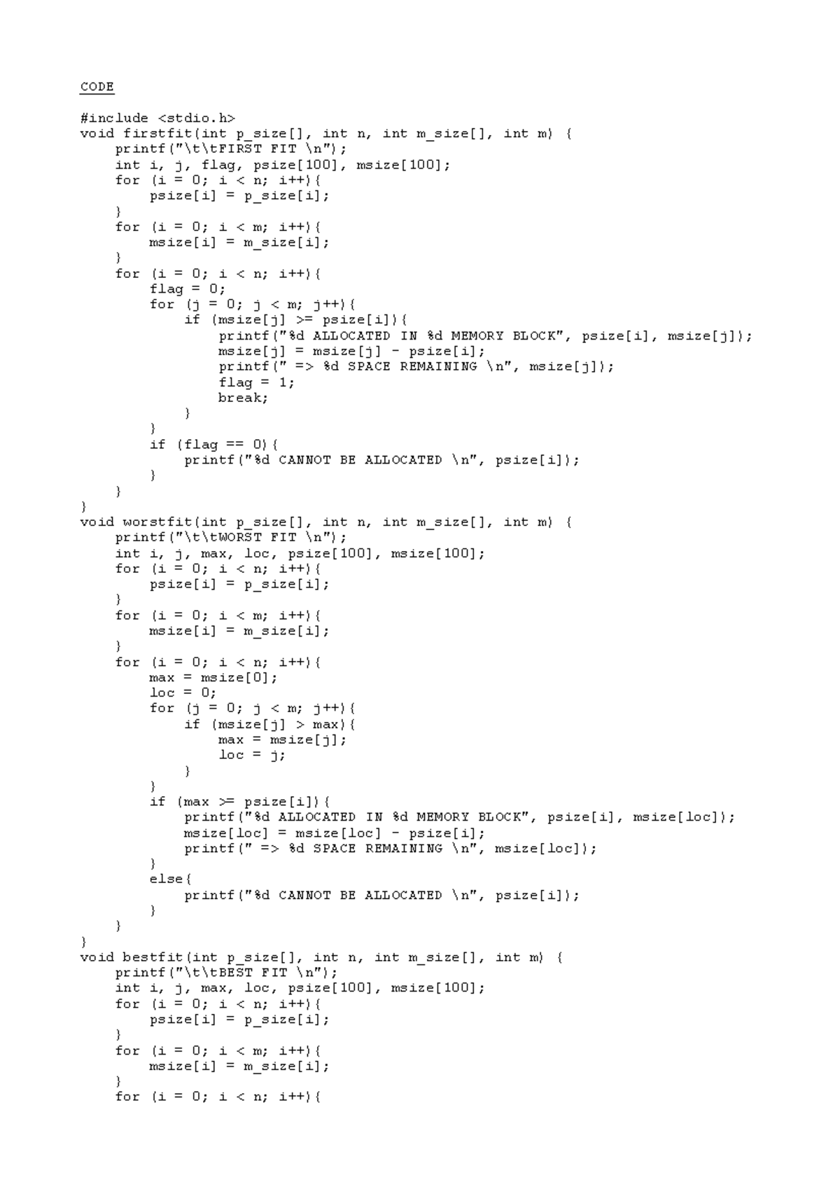 Record 2 os - CODE #include void firstfit(int p_size[], int n, int m ...