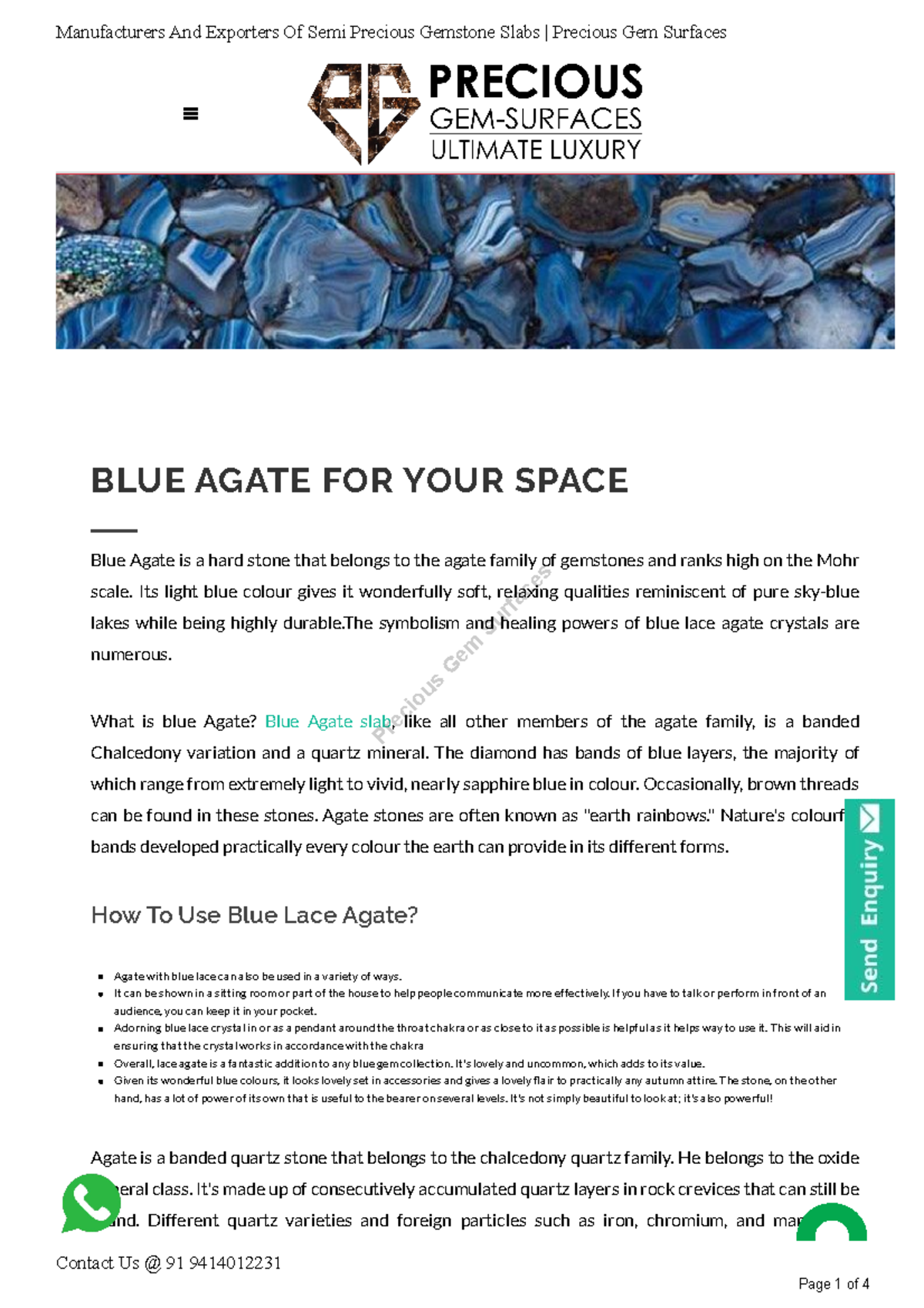 Blue agate - luxury stone for your space from precious gem surfaces ...