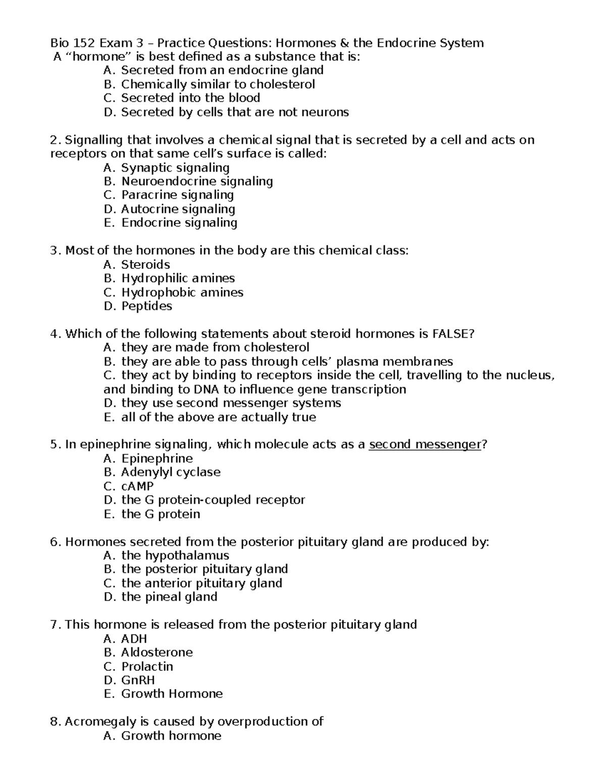 Exam 3 Practice Questions Endocrine System - Bio 152 Exam 3 – Practice ...