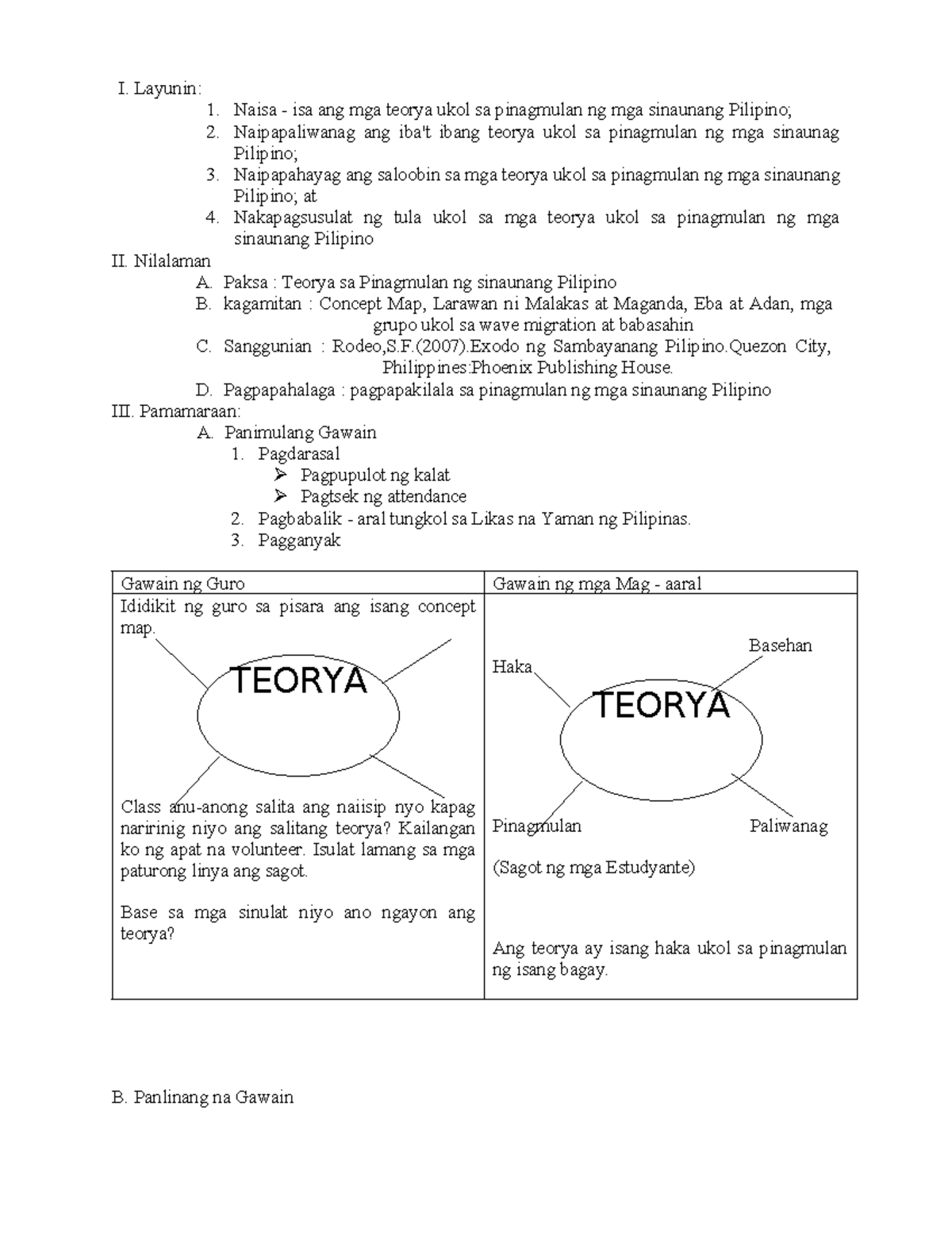 205134254-Lesson-Plans - I. Layunin: 1. Naisa - isa ang mga teorya ukol ...