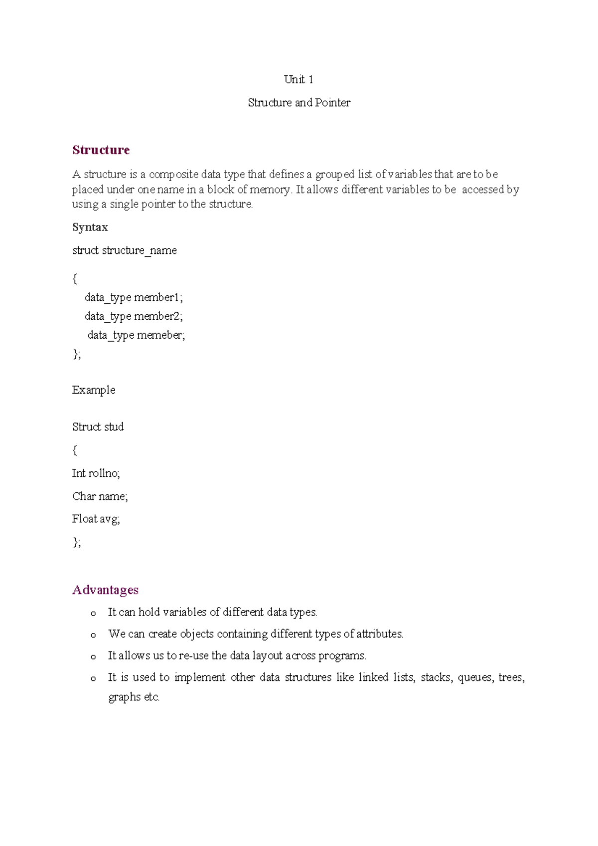 1unit Ds Notesd Unit 1 Structure And Pointer Structure A Structure Is 6311