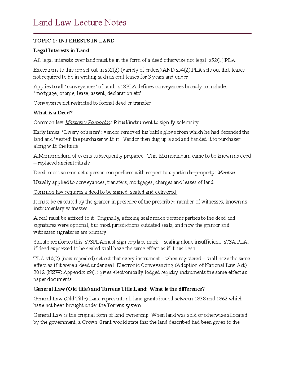 Land Law Lecture Notes - Land Law Lecture Notes TOPIC 1 : INTERESTS IN ...