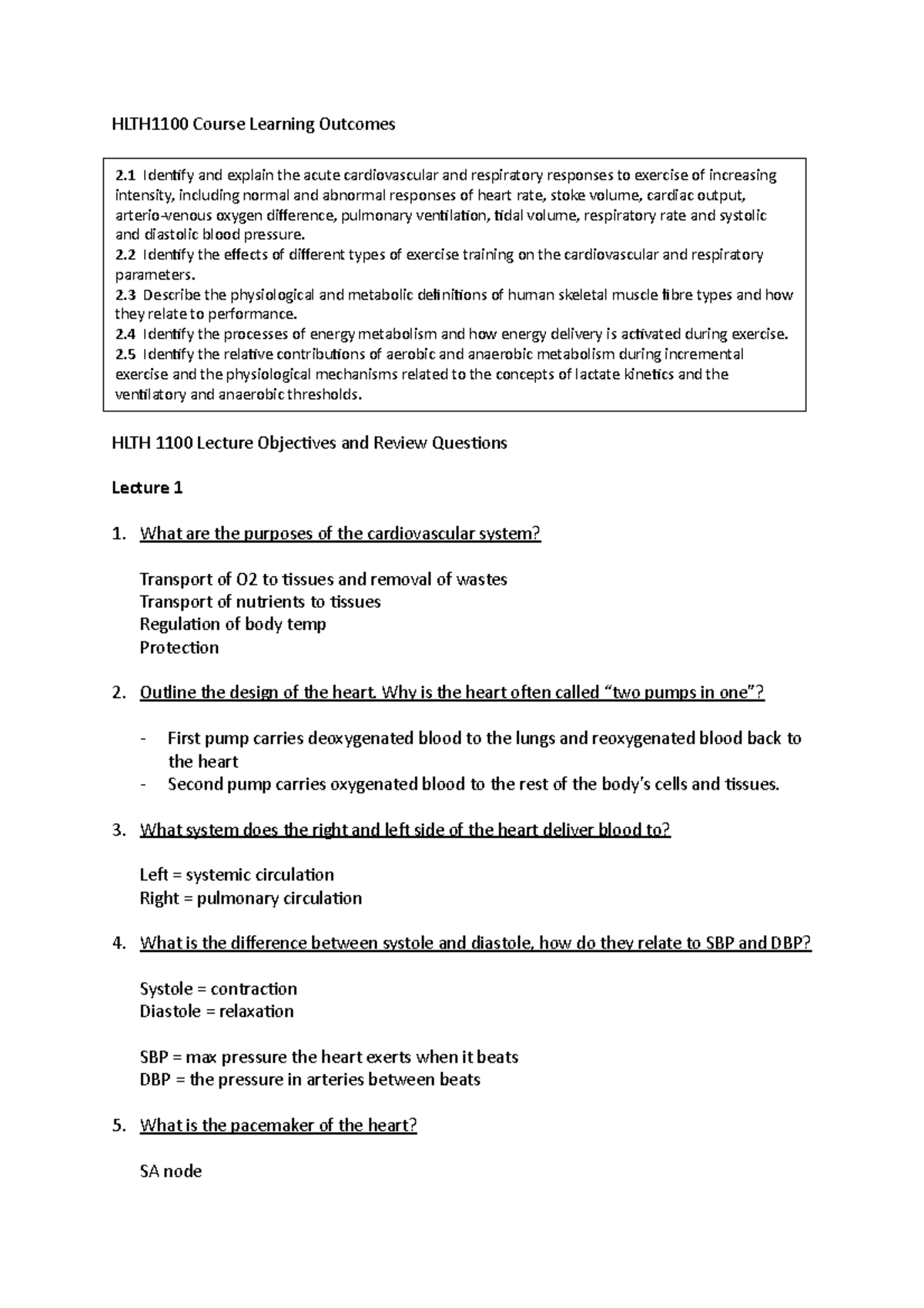 Lecture-Objectives - Lecture outcomes - HLTH1100 Course Learning Outcomes HLTH 1100 Lecture ...