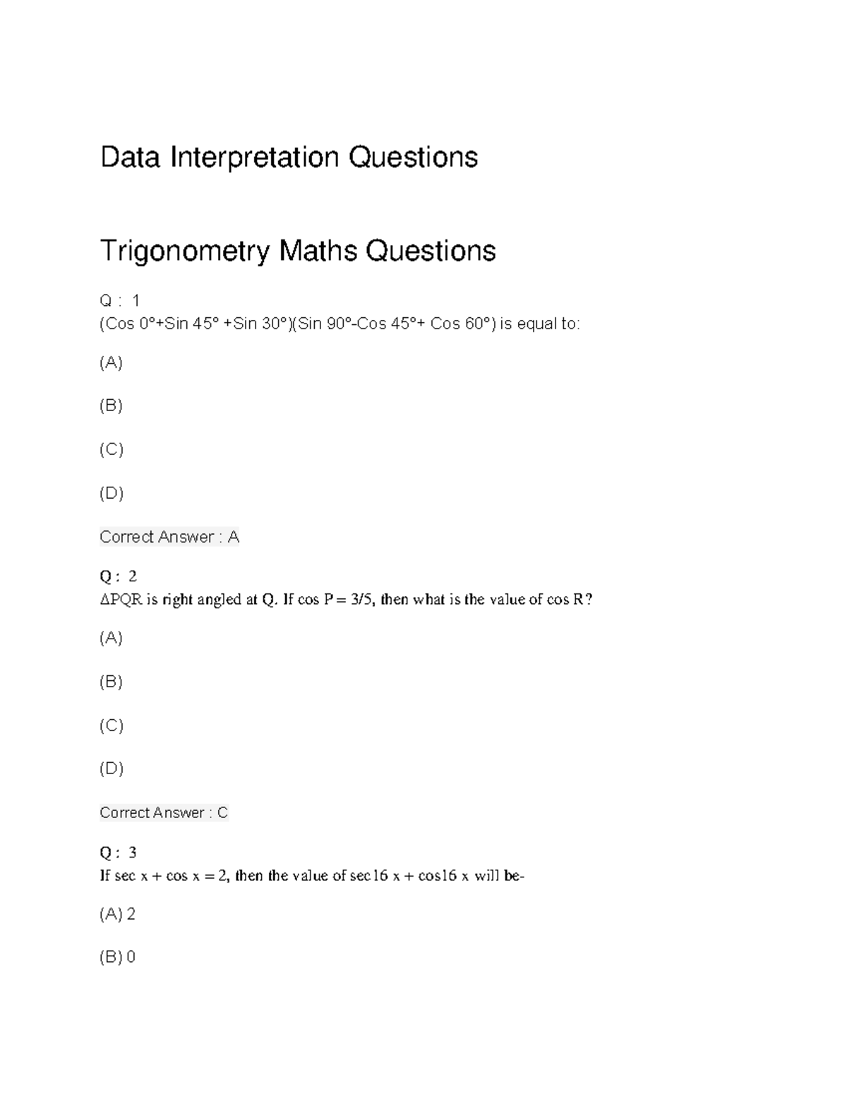 Mathematical Operations 7 - Data Interpretation Questions Trigonometry ...