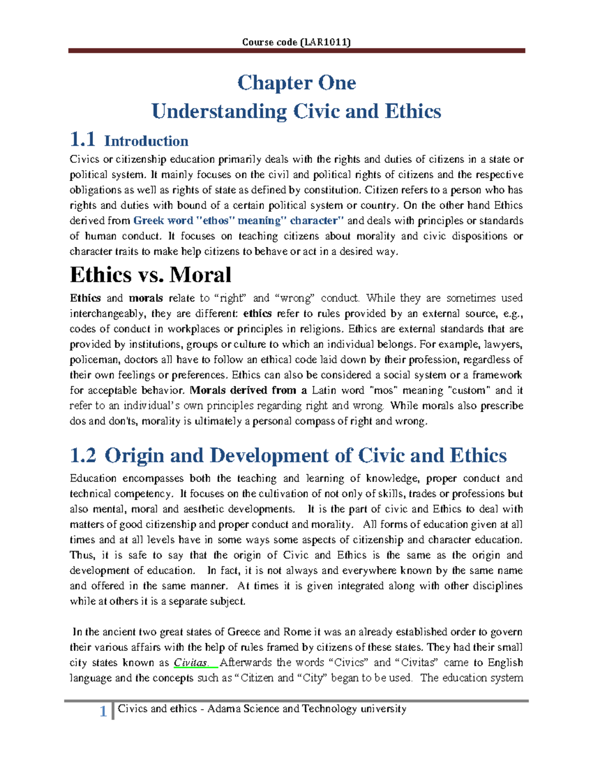 DR teፈራ - think you - Chapter One Understanding Civic and Ethics 1 ...