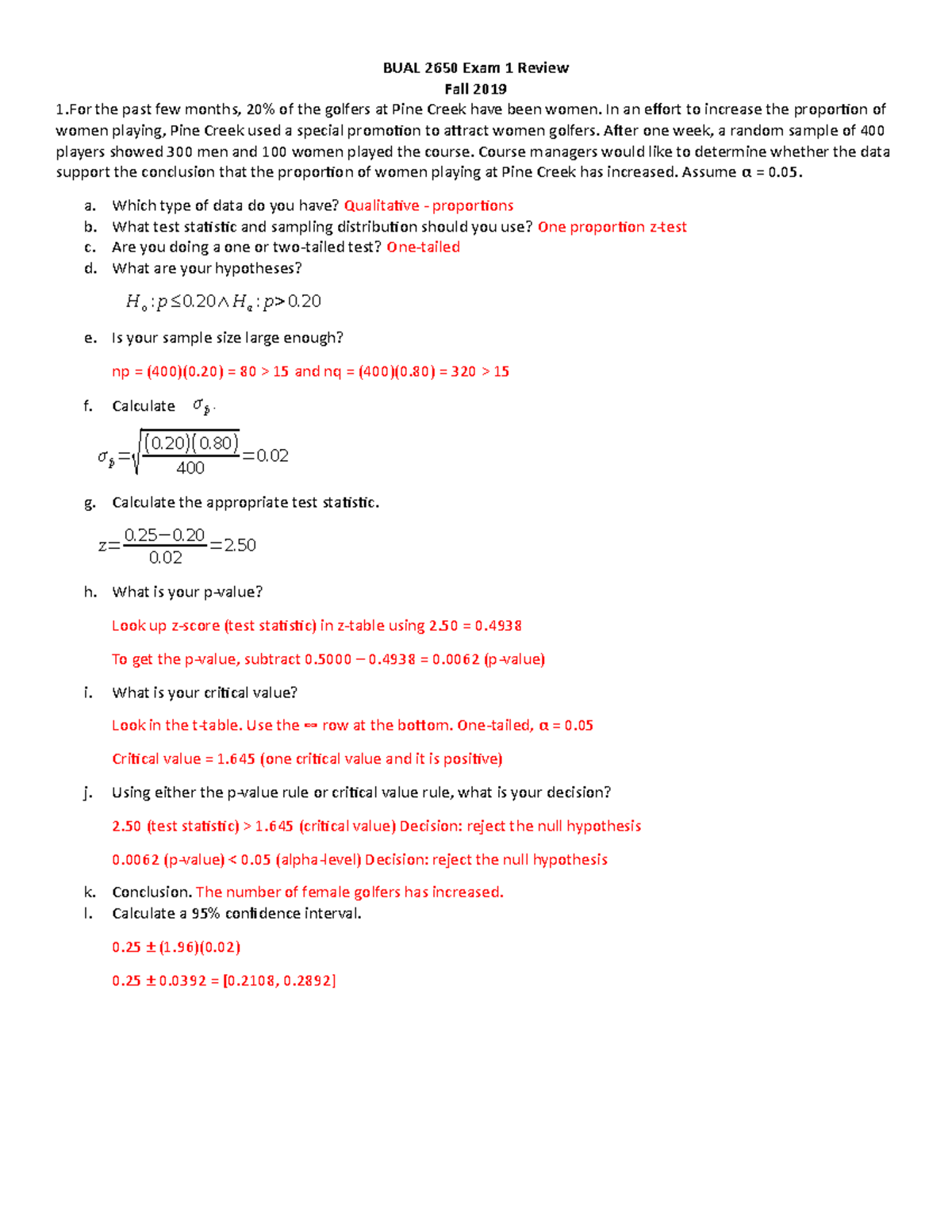 Fall 2019 Exam 1 review problems - answers - BUAL 2650 Exam 1 Review ...
