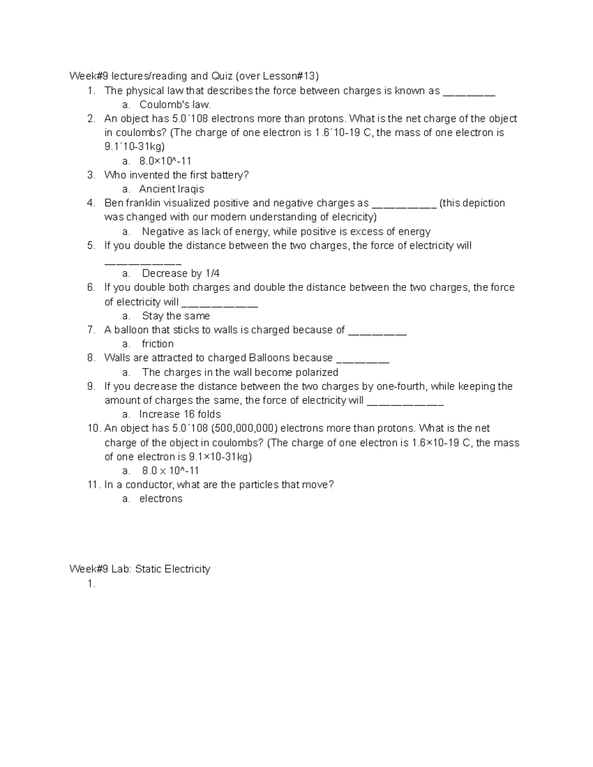 Physics - Week 9 - Weekly assignments: lab and notes. - Week#9 lectures ...