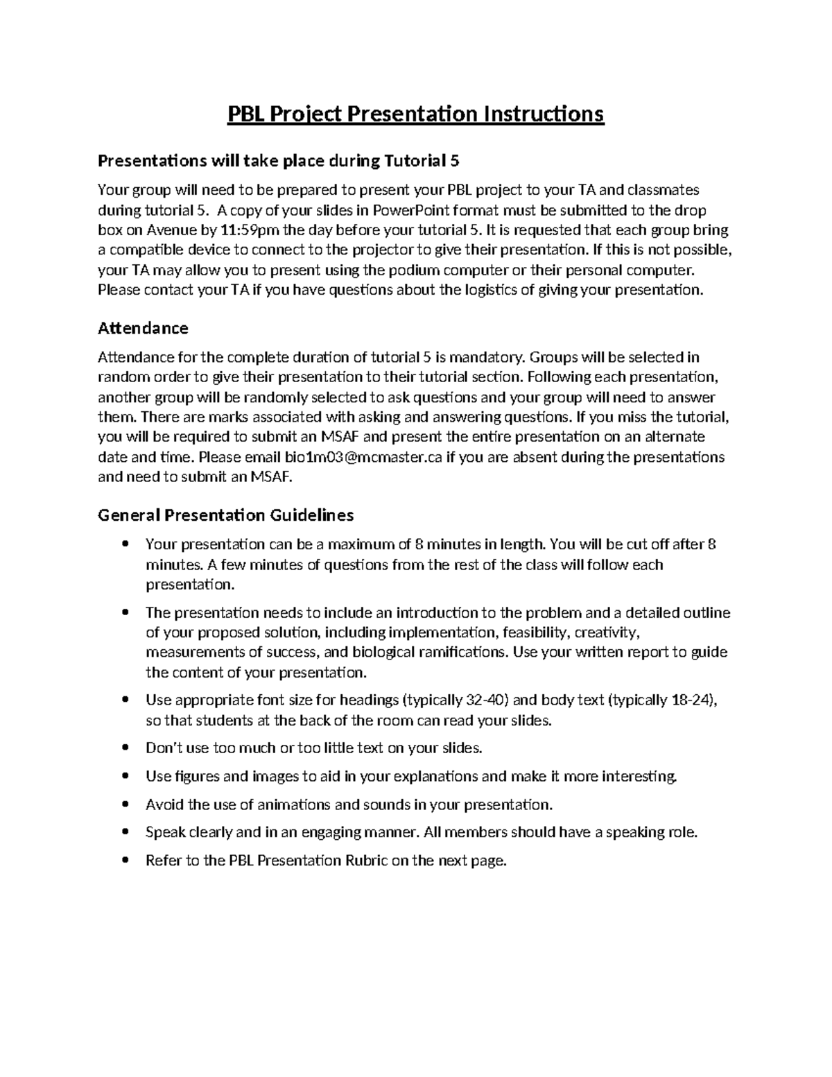 PBL Presentation Instructions and Rubric W24 - PBL Project Presentation ...