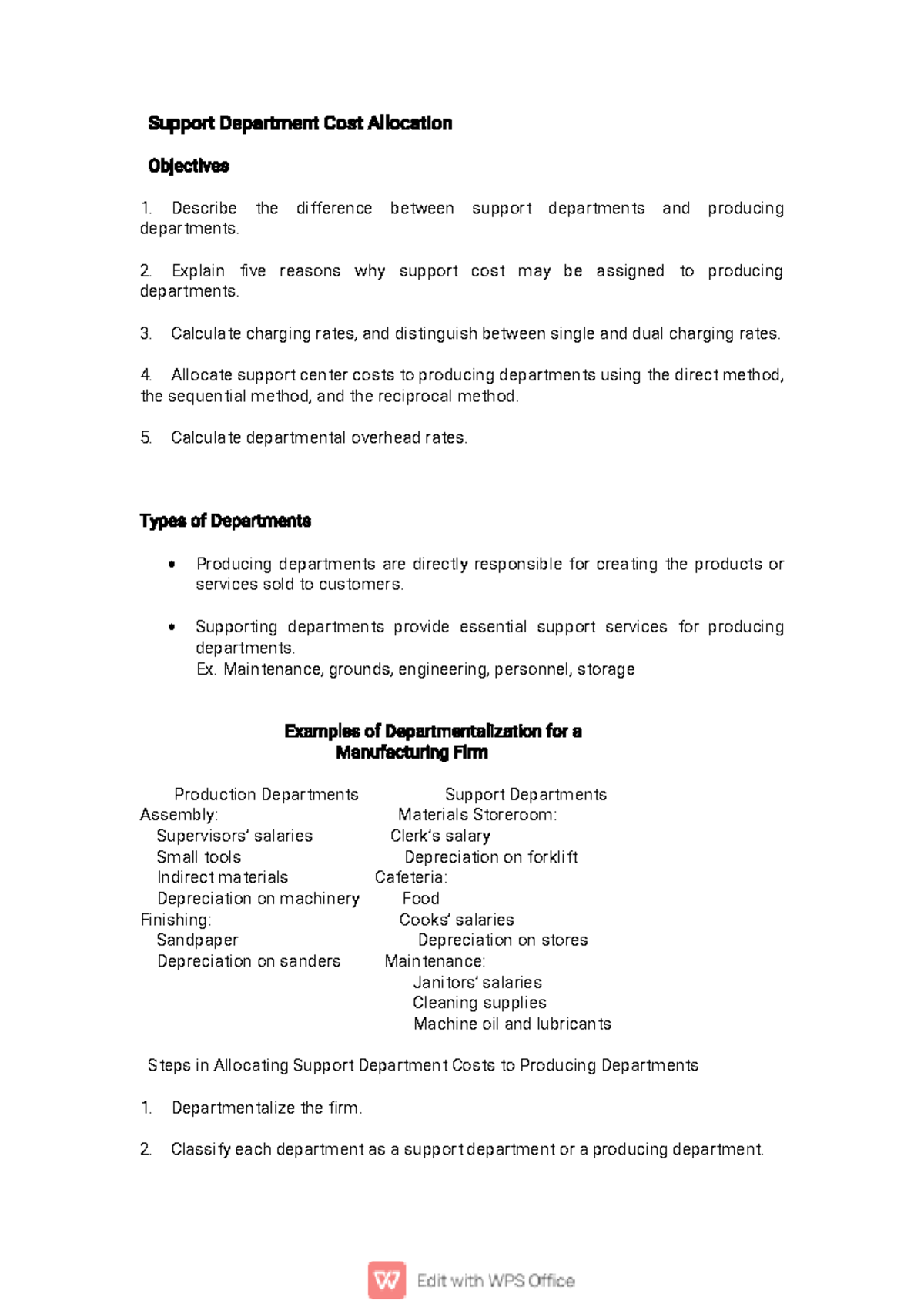 Service-COST- Allocation lecture notes - Support Department Cost ...