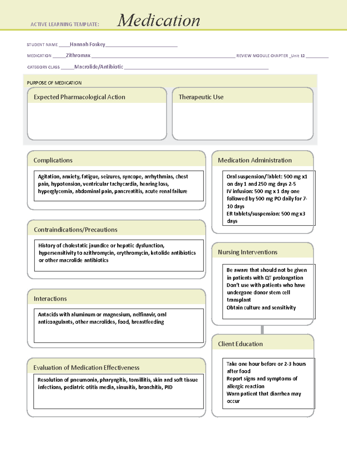 Zithromax drug card - STUDENT NAME Hannah Foskey ...