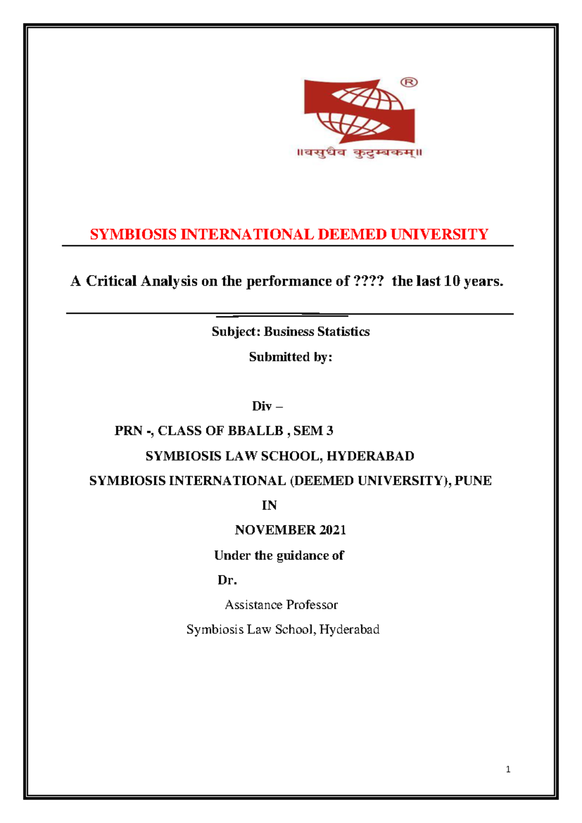 Business Statistics Tutorial 2 Sample - SYMBIOSIS INTERNATIONAL DEEMED ...