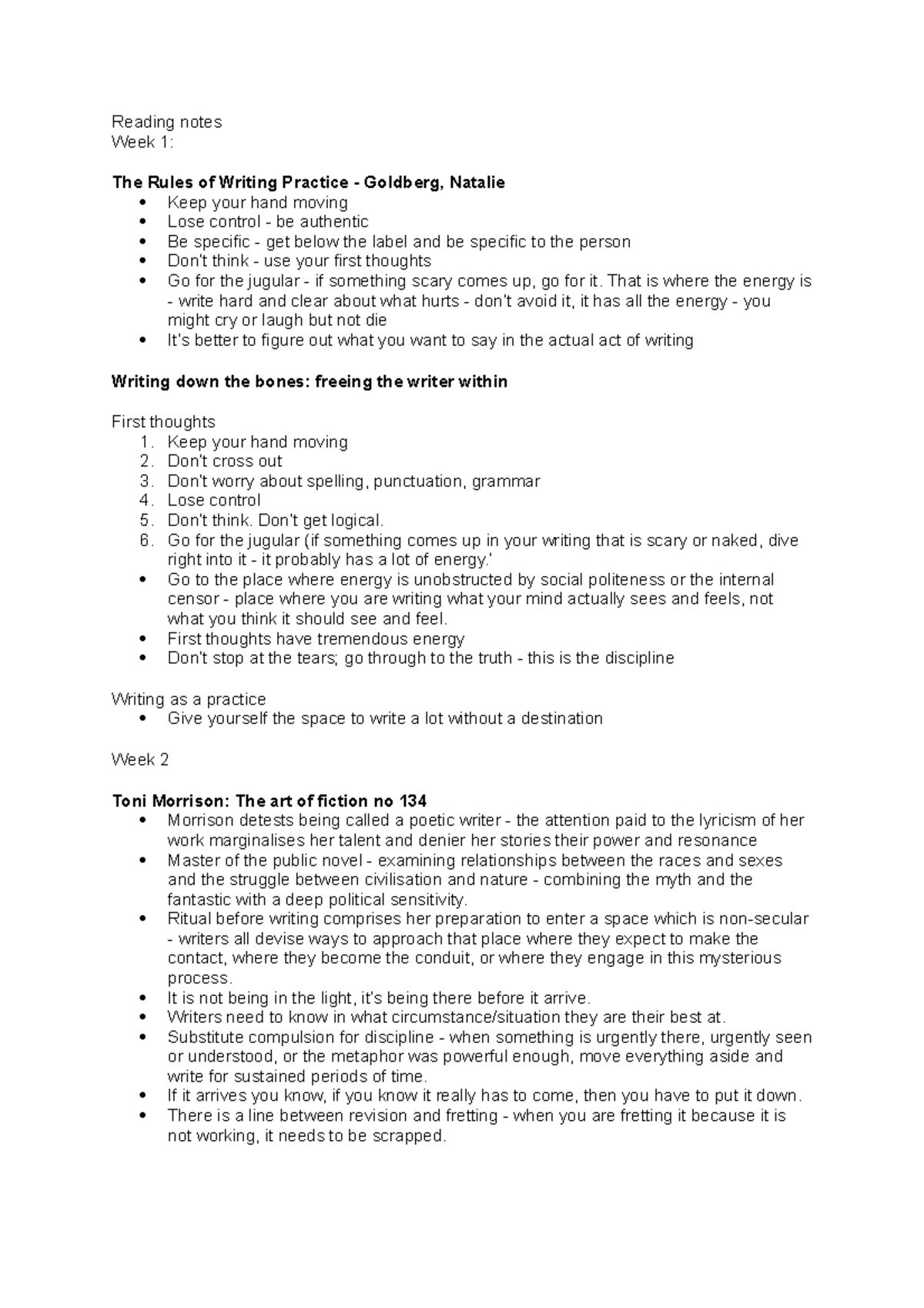 Creative writing notes - Reading notes Week 1: The Rules of Writing ...