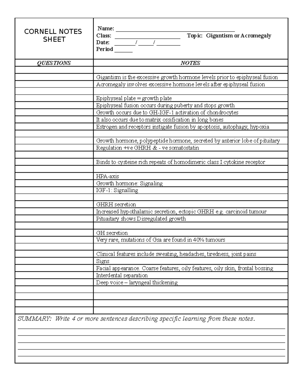 Gigantism or acromegaly - CORNELL NOTES SHEET Name