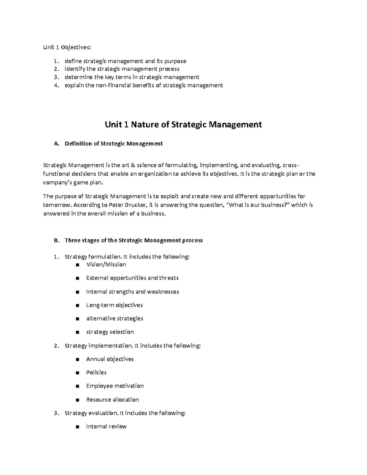 Unit 1 N a ture of Str a tegic M a n a gement - Unit 1 Objectives ...