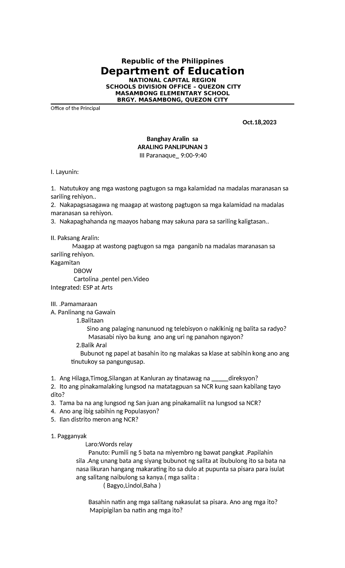 Banghay Aralin SA AP 3 COT11 - Republic of the Philippines Department ...