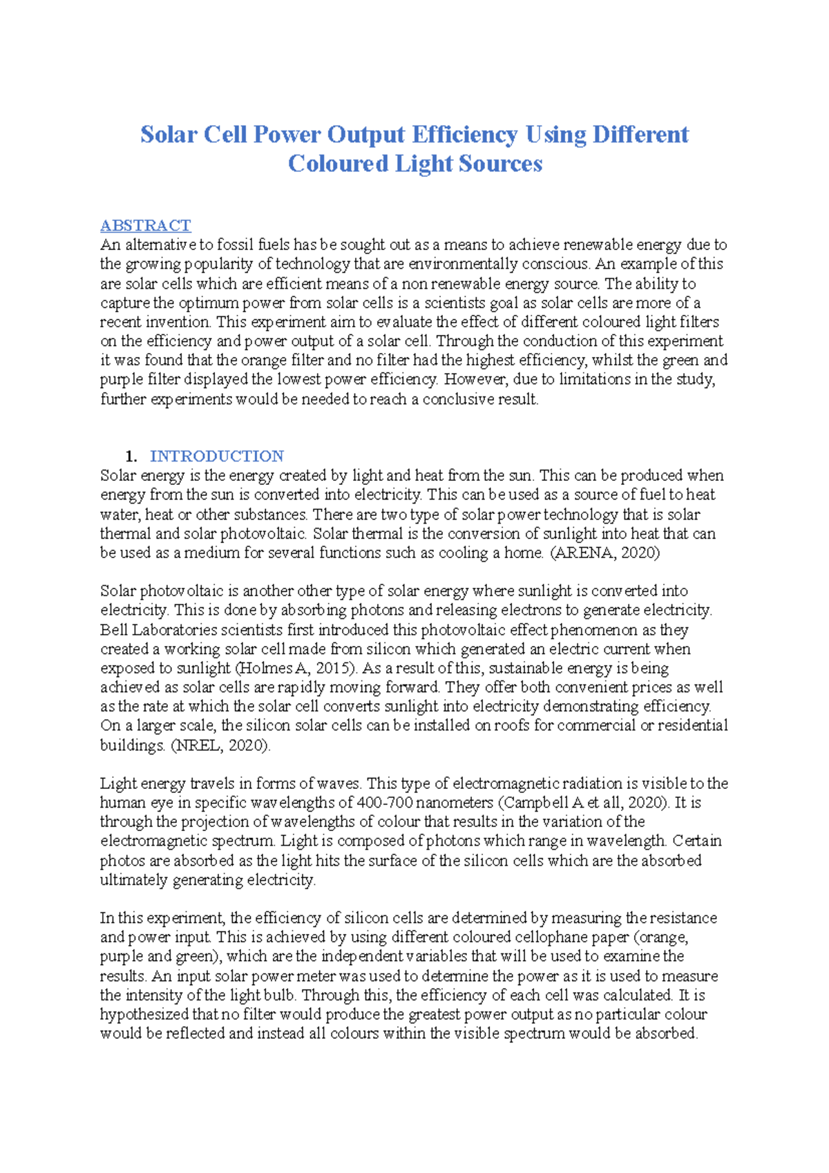 Solar Cell Report PAN - Solar Cell Power Output Efficiency Using ...