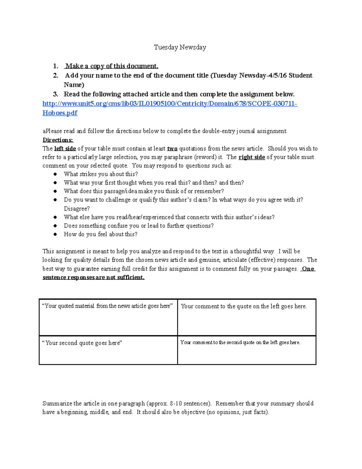 Tuesday Newsday-4 5 16 - Tuesday Newsday 1. Make a copy of this ...