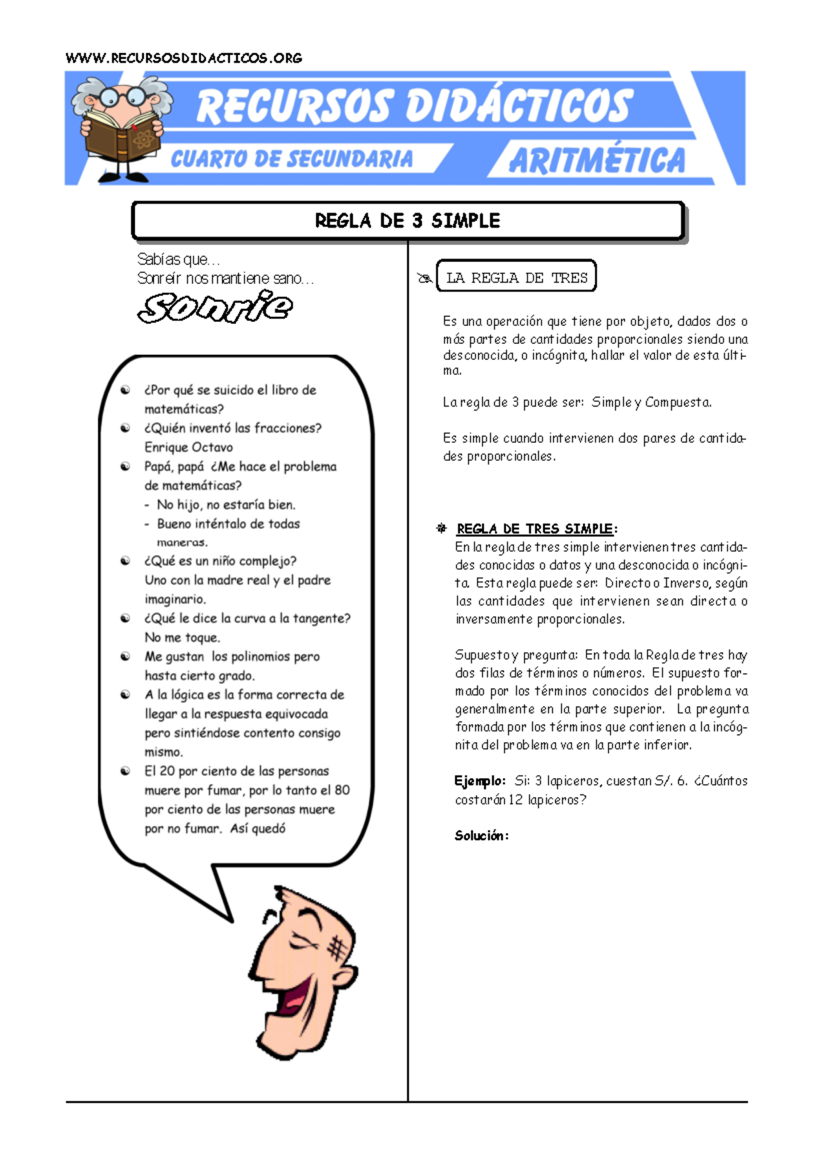 Regla de Tres Simple para Cuarto de Secundaria - Sabías que... Sonreír ...