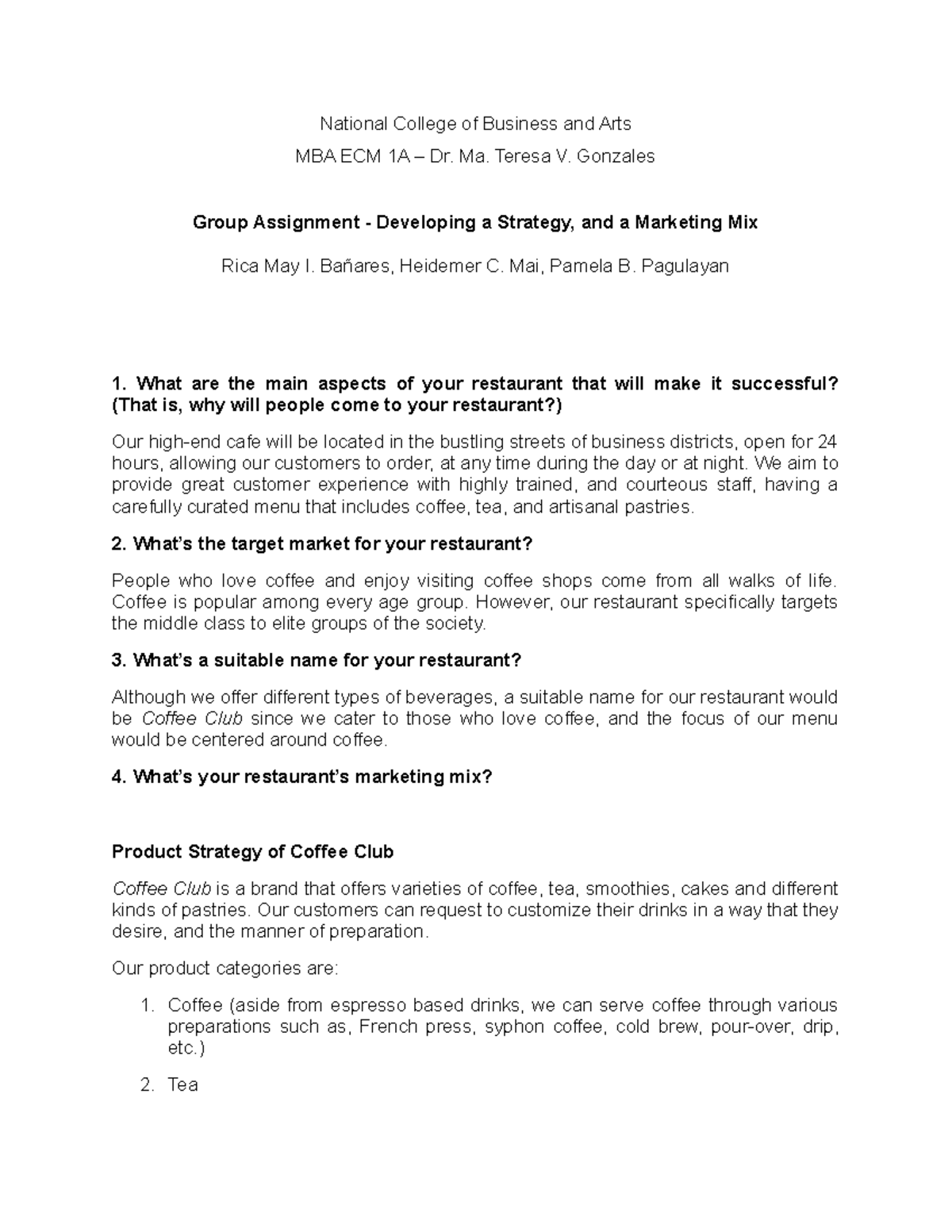 marketing mix assignment - National College of Business and Arts MBA ...