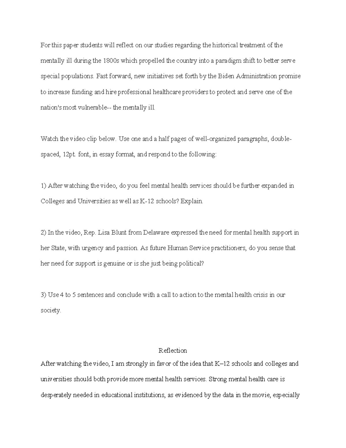 Intro to Human Services Reflection paper 2 - For this paper students will reflect on our studies ...