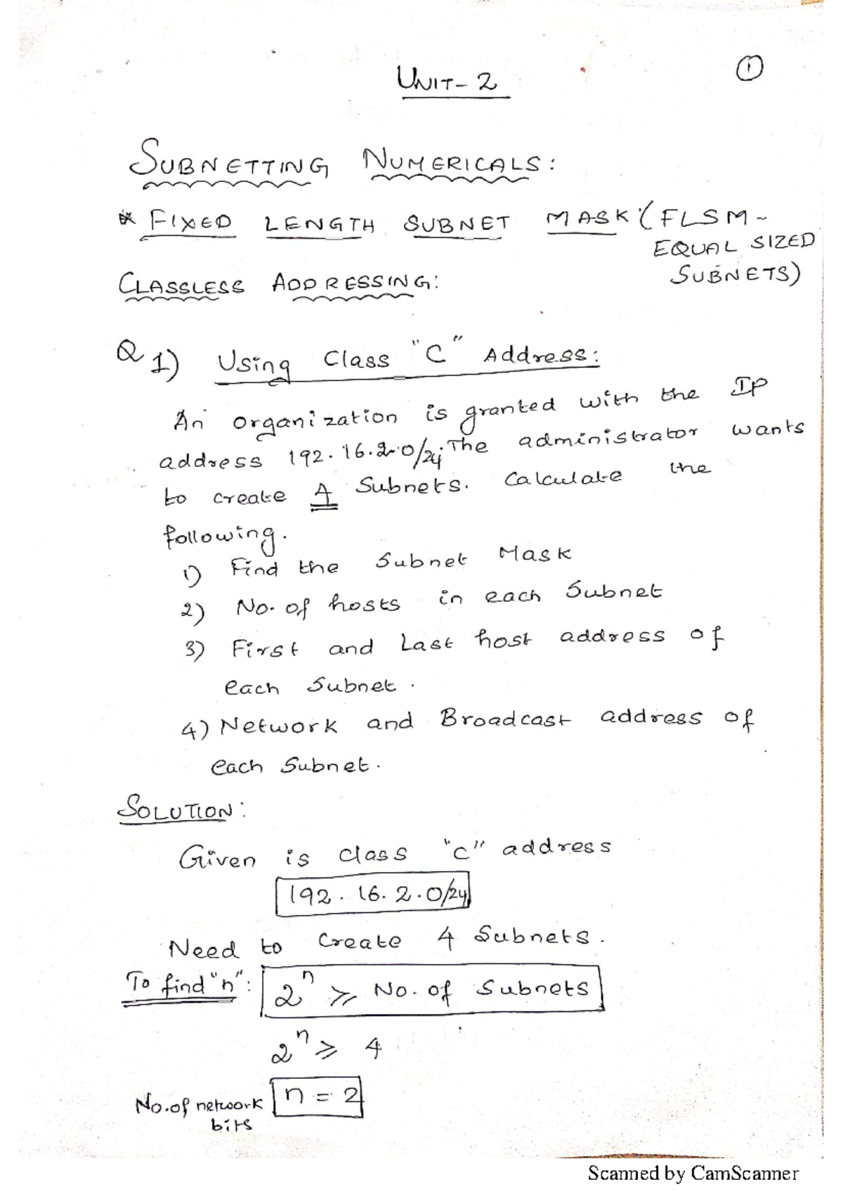 2.Unit 2 Subnetting numericals - 1 2 SUBNETTING NUMERICALS: FIXED LENGTH SUBNET MASK EQUAL SIZED ...