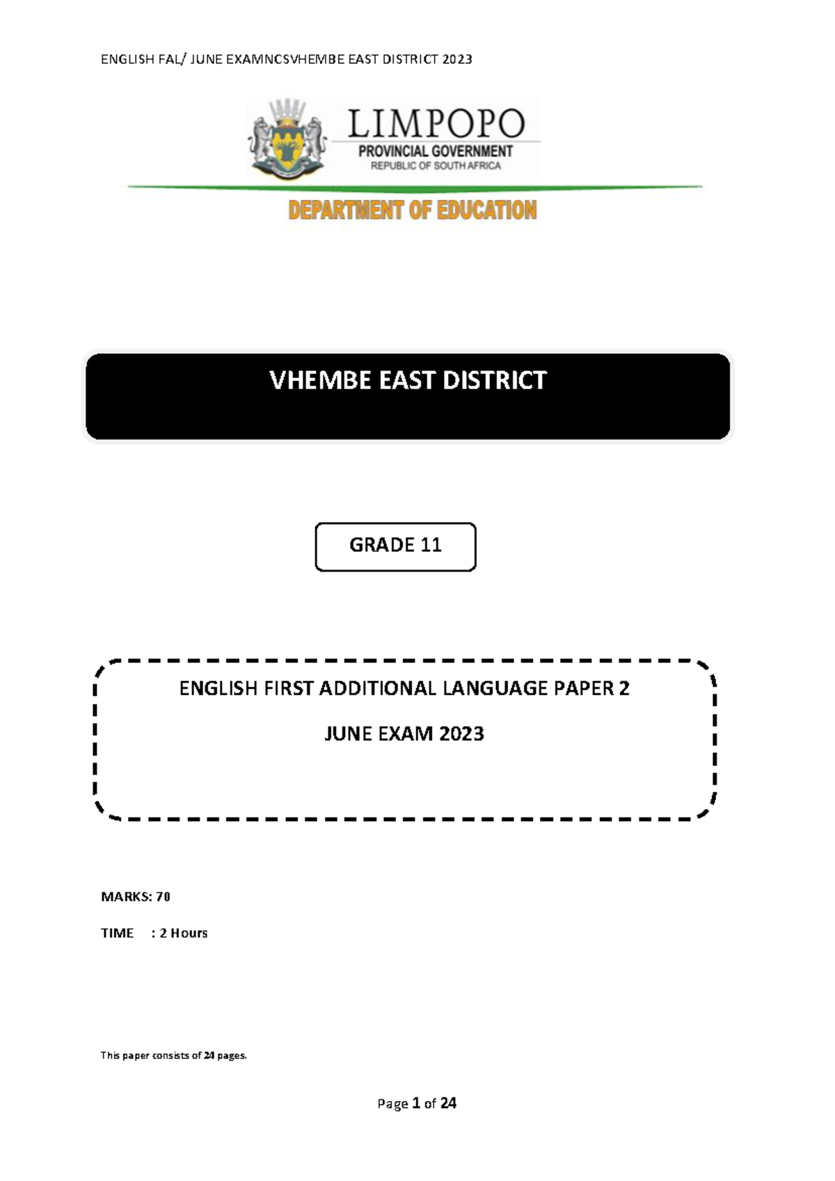 JUNE EXAM Grade 11 English FAL 2023 PDF-1 - This question paper ...