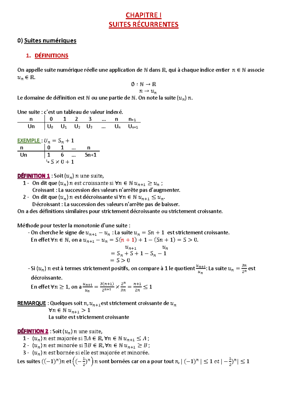 Chapitre I - cours sur les suites - CHAPITRE I SUITES RÉCURRENTES 0 ...