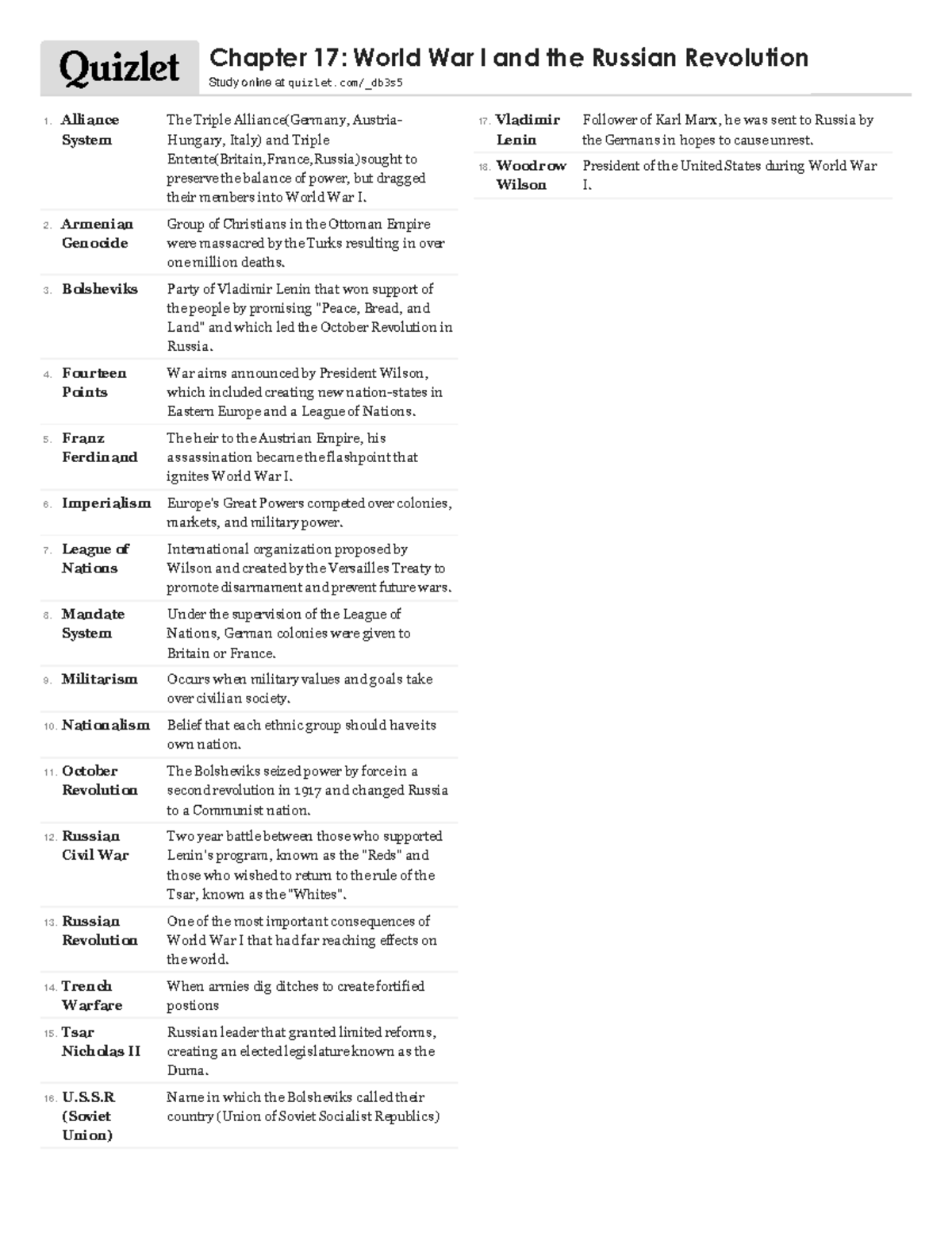 Chapter 17 World War I and the Russian Revolution - Alliance System The ...