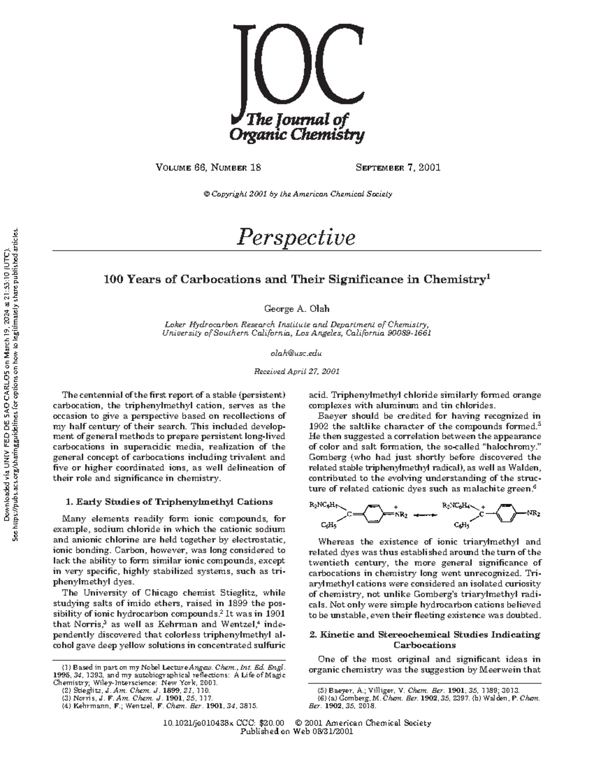 Olah 2001 100 years of carbocations and their significance in chemistry ...