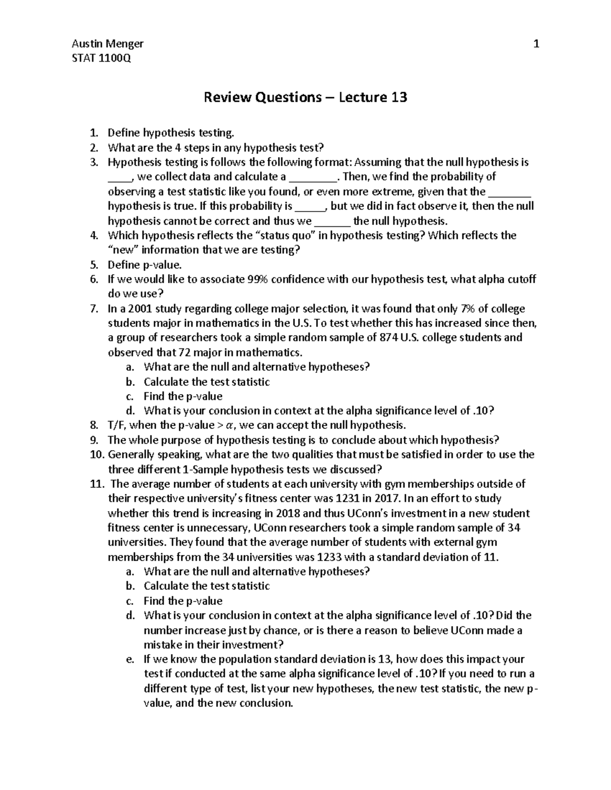 Lecture 13 Review Questions - Stat 1100Q - Austin Menger STAT 1100Q 1 Review Questions – Lecture ...
