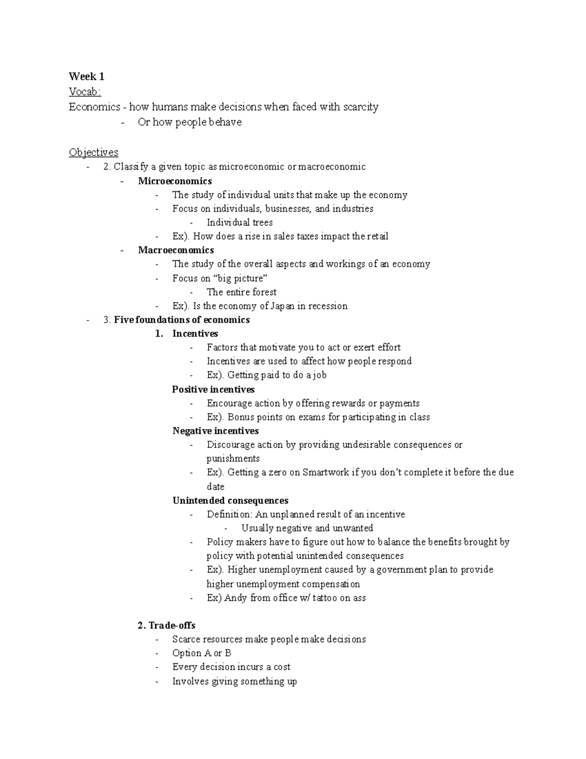 Week 1 notes - Week 1 Vocab: Economics - how humans make decisions when ...