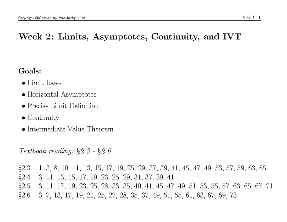 Week 2 notes (partially completed) - Week 2: Limits, Asymptotes ...
