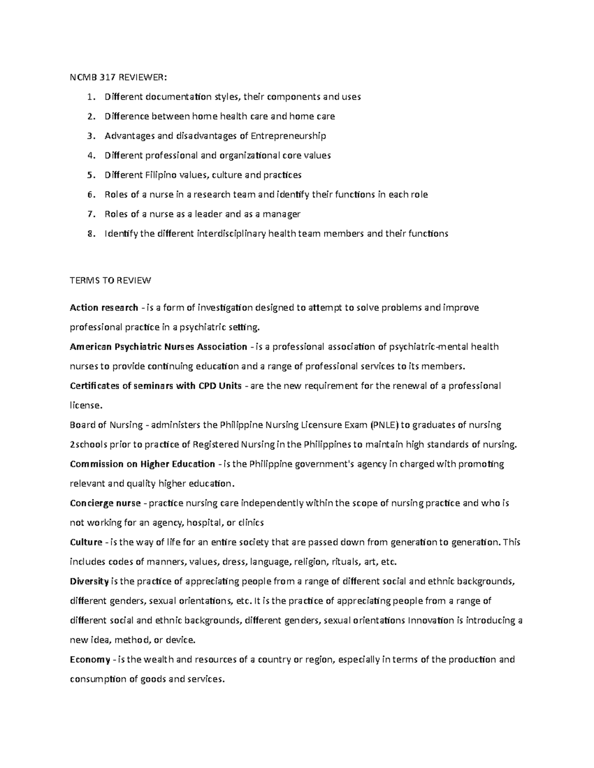 Psych- Reviewer - NCMB 317 REVIEWER: Different documentation styles ...