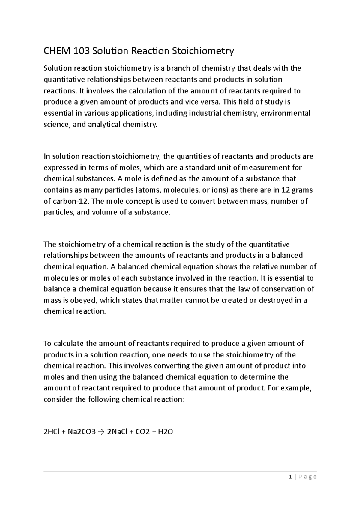 CHEM 103 Solution Reaction Stoichiometry - CHEM 103 Solution Reaction Stoichiometry Solution ...