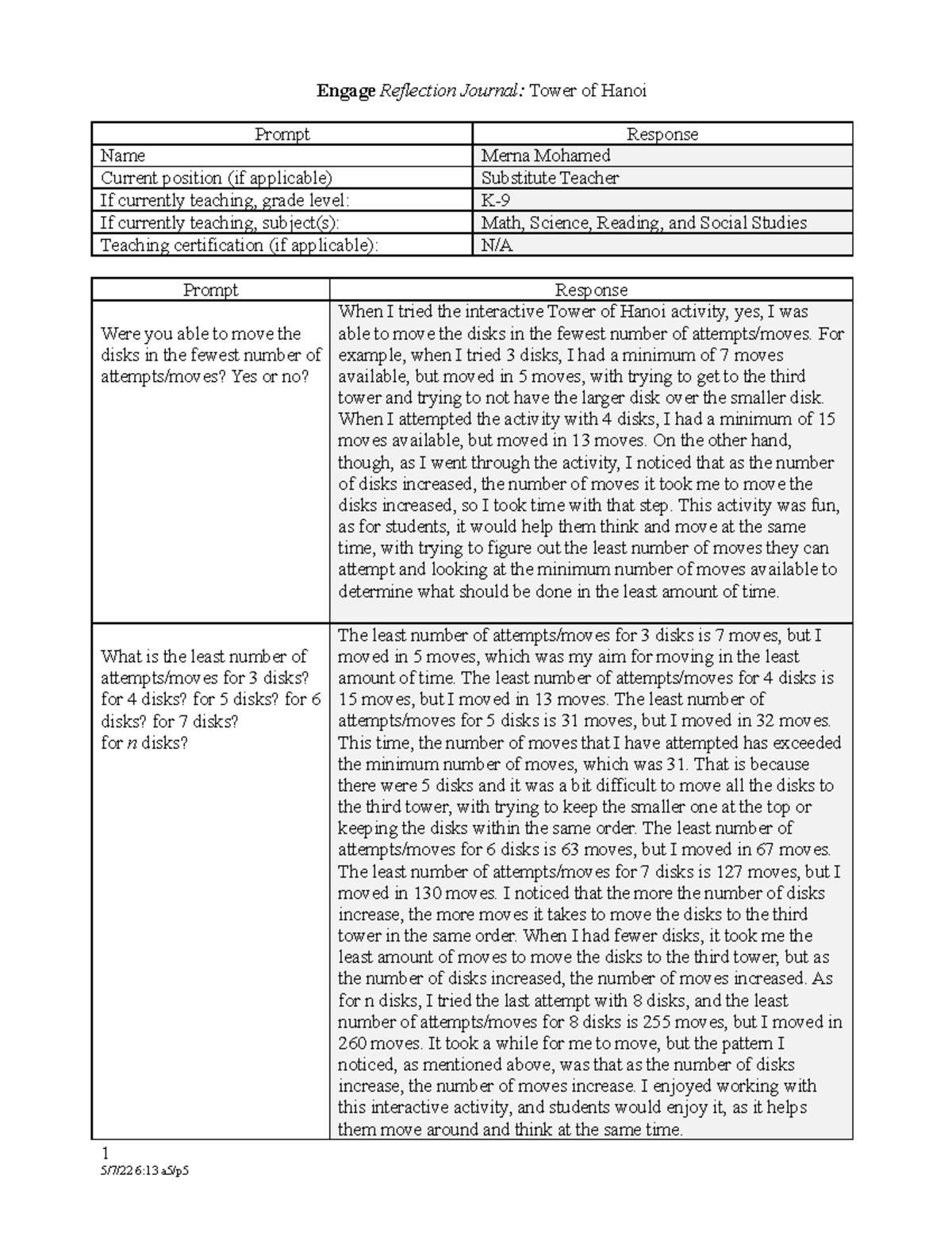 Engage Reflection Journal Tower of Hanoi - For example, when I tried 3 ...