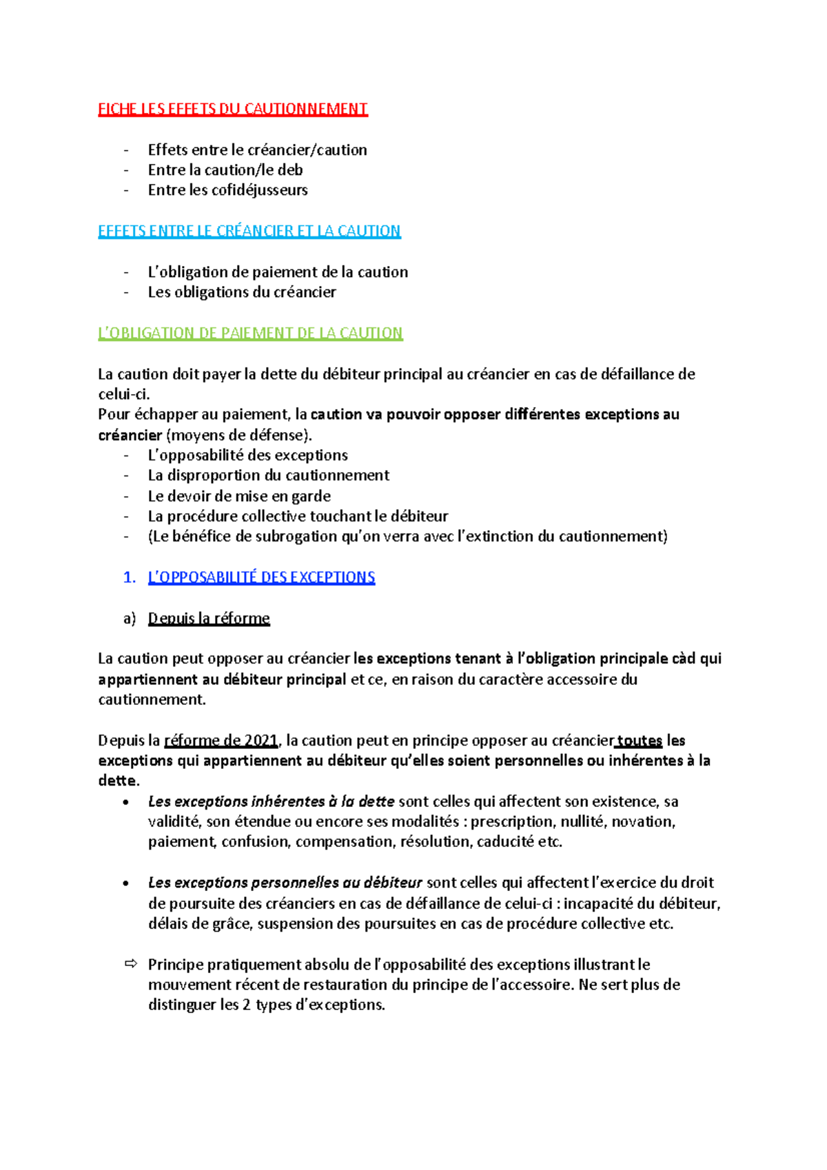 Fiche LES Effets DU Cautionnement - FICHE LES EFFETS DU CAUTIONNEMENT ...