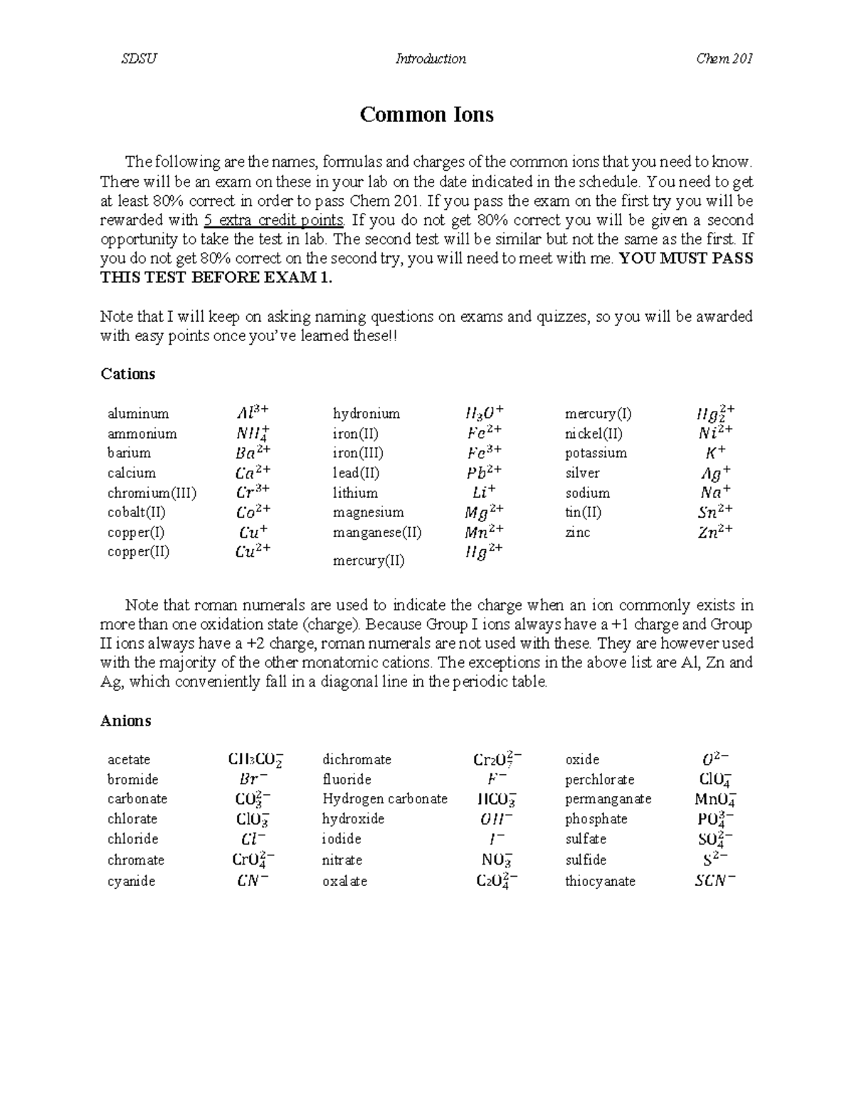 Common Ions Information and Practice Quiz Correct - SDSU Introduction ...