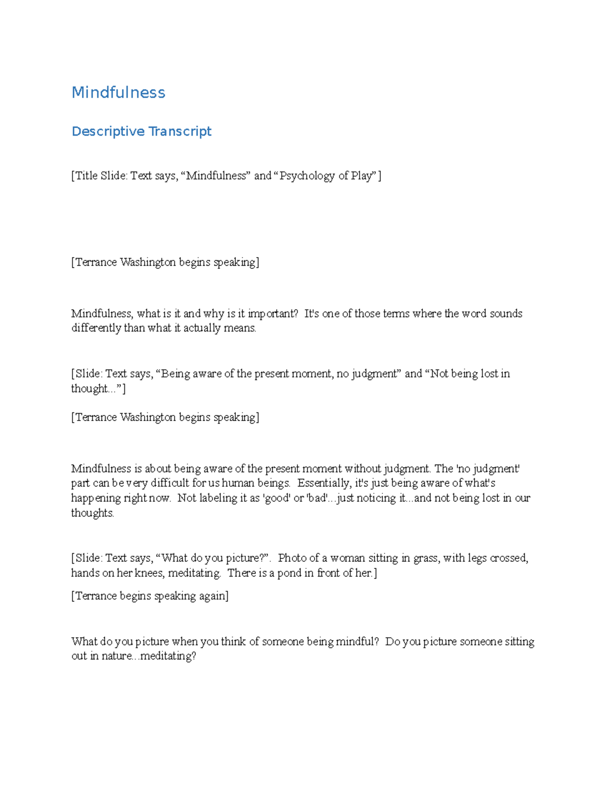 Mindfulness Descriptive Transcript - Mindfulness Descriptive Transcript ...