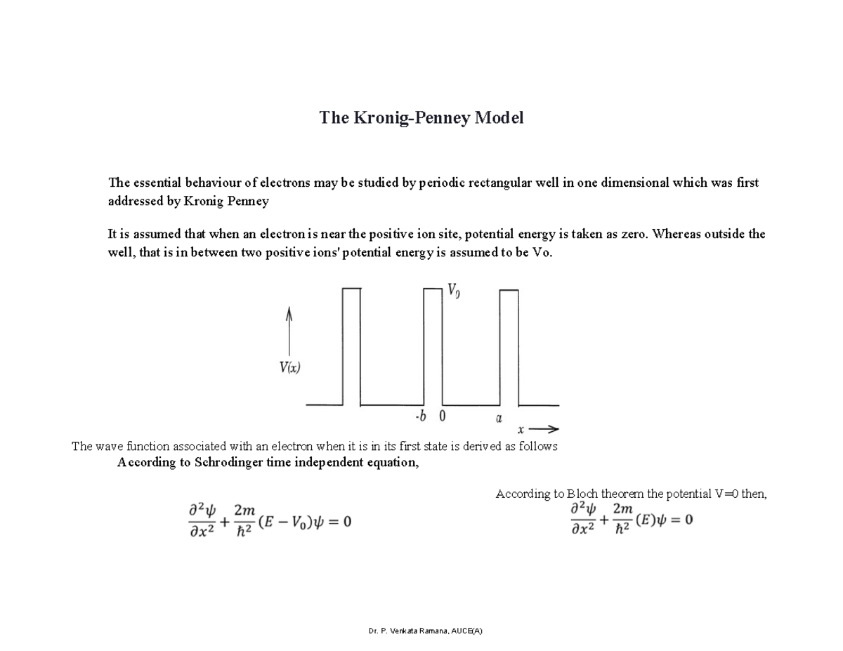 Kronig Penney Model - Notes - The Kronig-Penney Model The essential ...