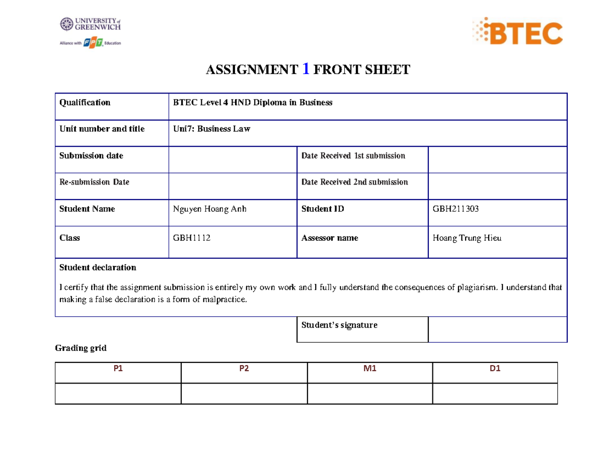 Asm1 736 draft 21-5 - Lý thuyết, giải thích - ASSIGNMENT 1 FRONT SHEET Qualification BTEC Level ...