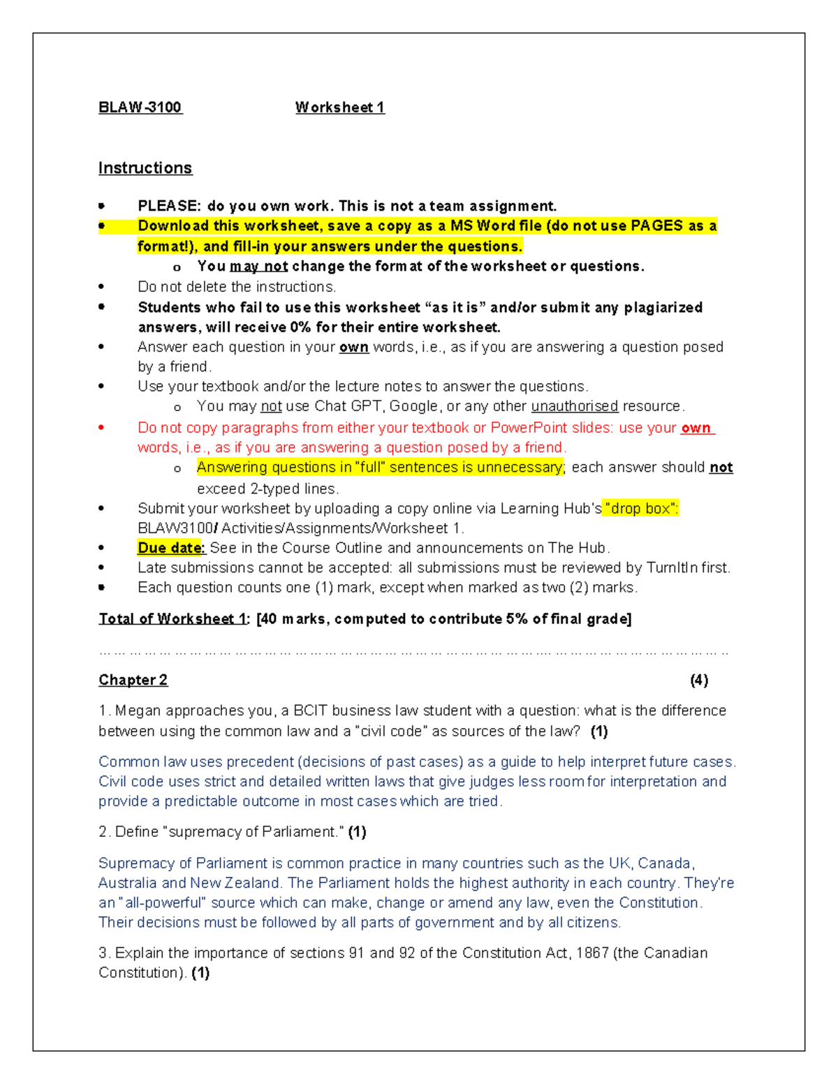 Worksheet 1 - Business Law - BLAW-3100 Worksheet 1 Instructions PLEASE ...