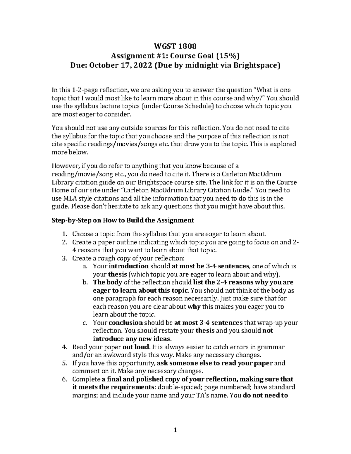 1808-Assignments-Course Goal - 1 WGST 1808 Assignment #1: Course Goal ...