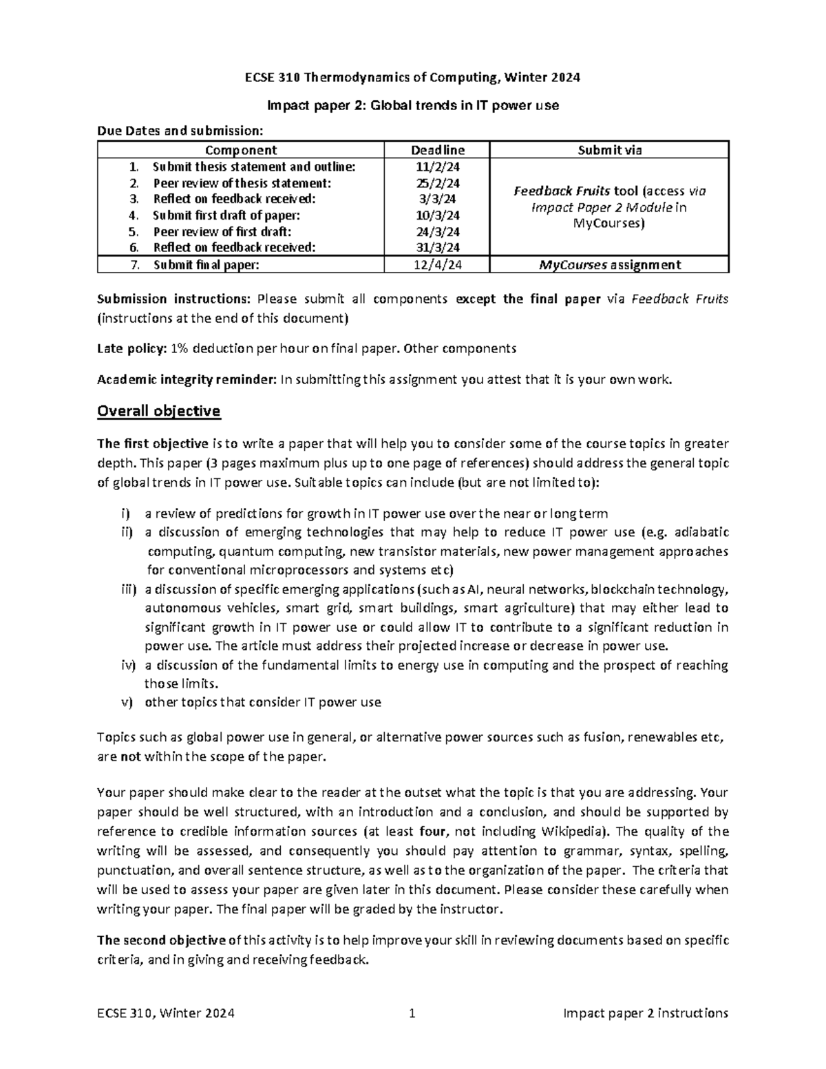 Impact Paper 2 Instructions - ECSE 310 Thermodynamics of Computing ...